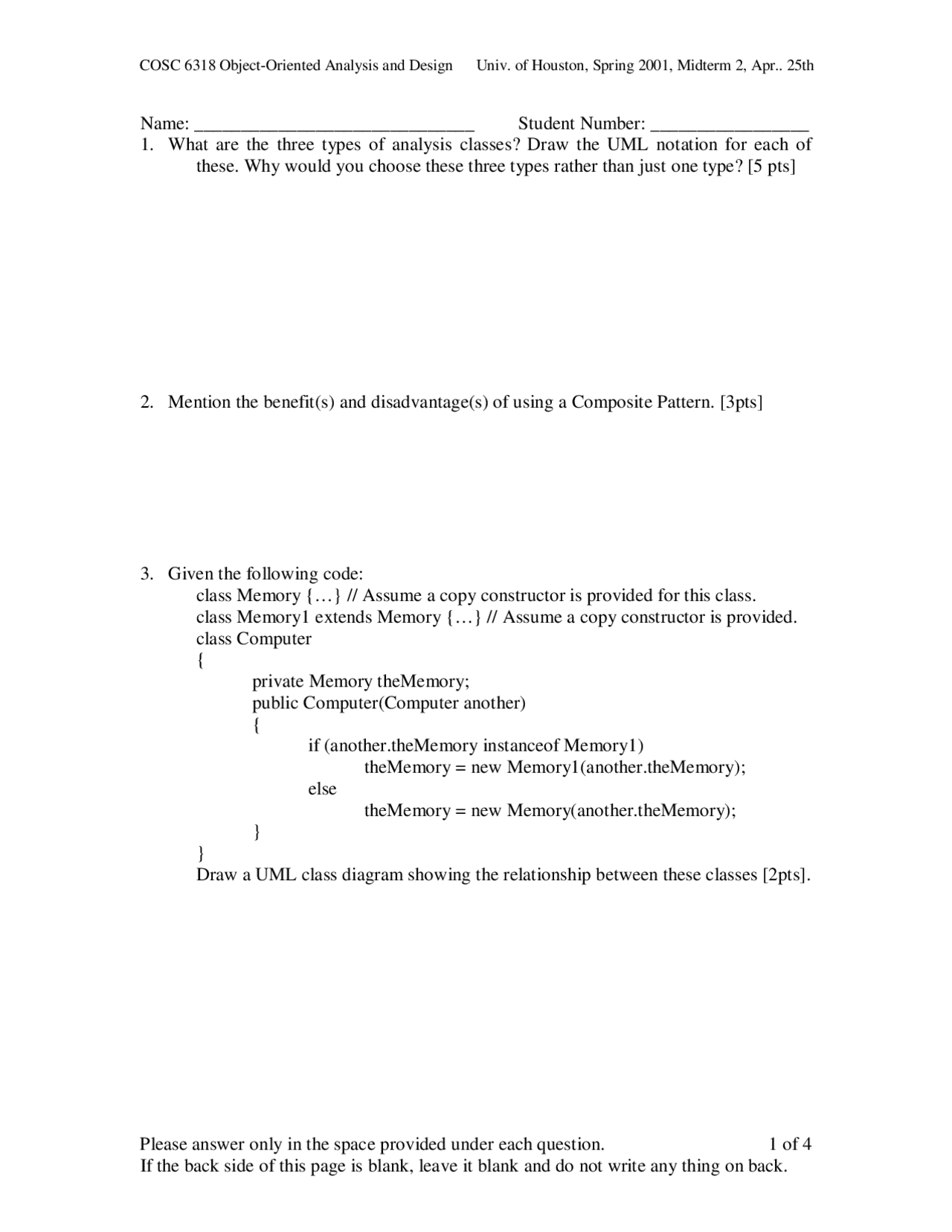 Object Oriented Analysis And Design Seven Questions Midterm Exam Cosc 6318 Exams Computer