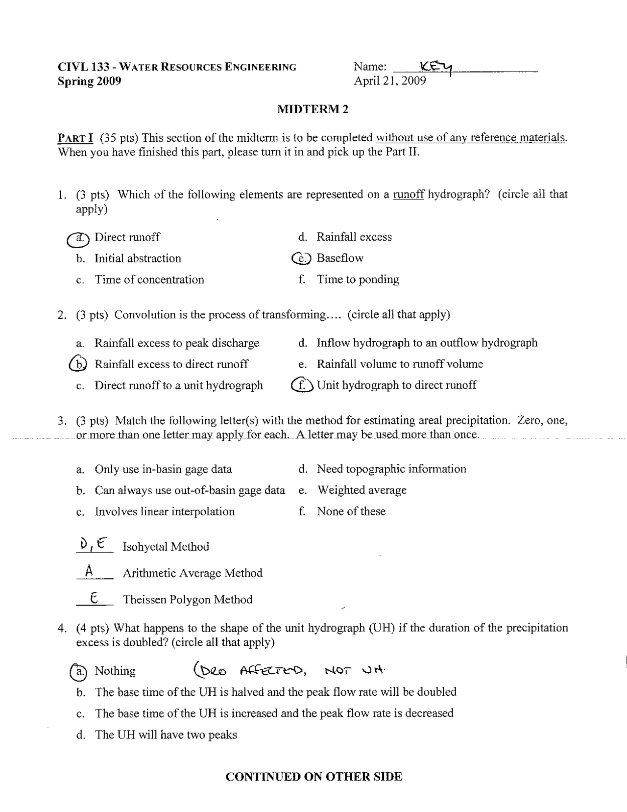 Midterm Exam 2 Answer Key Water Resources Engineering Civl 133