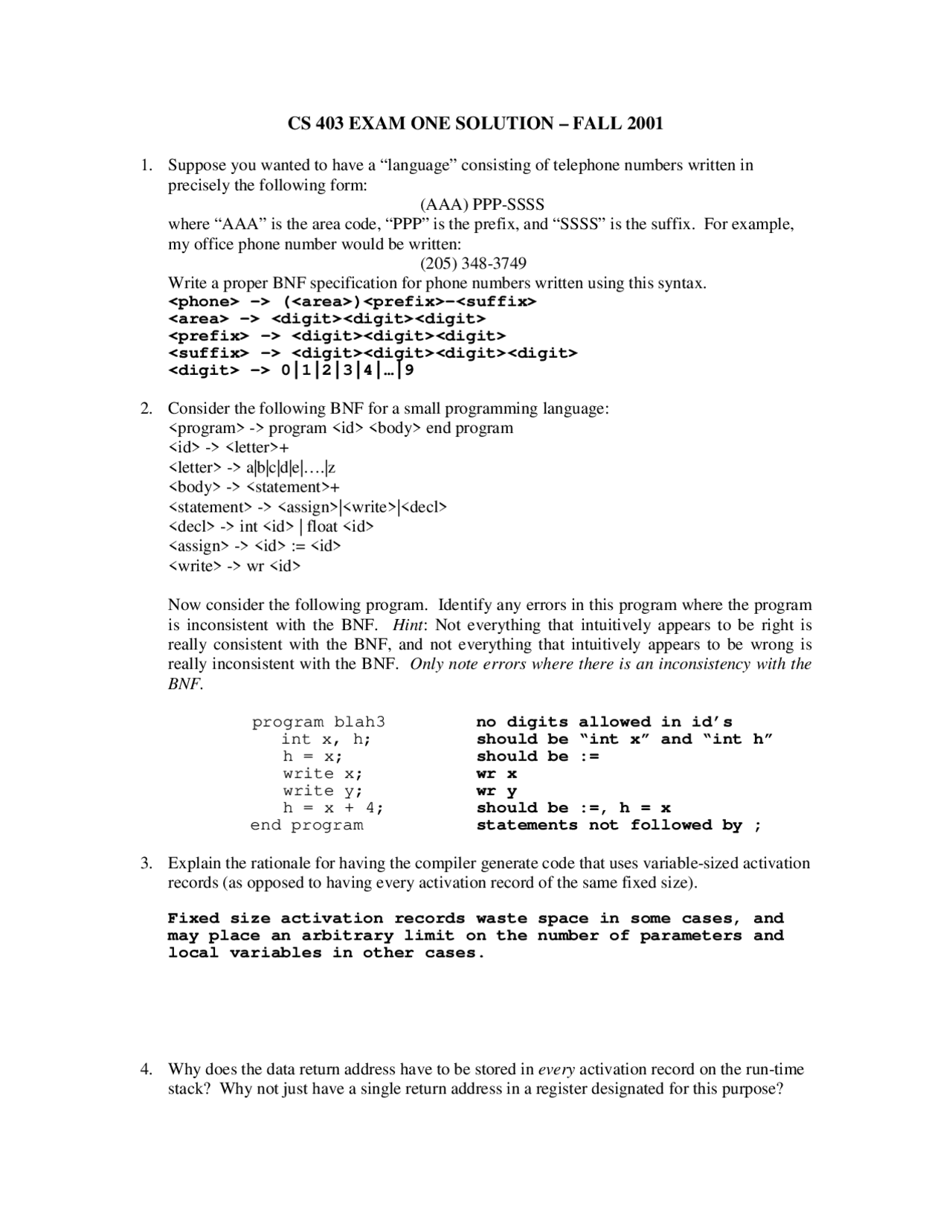 Homework Solutions For Programming Languages Cs 403 Docsity