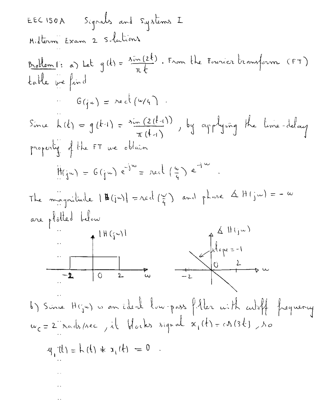 Midterm Exam 2 Solutions Signals And Systems I Eec 150a Docsity