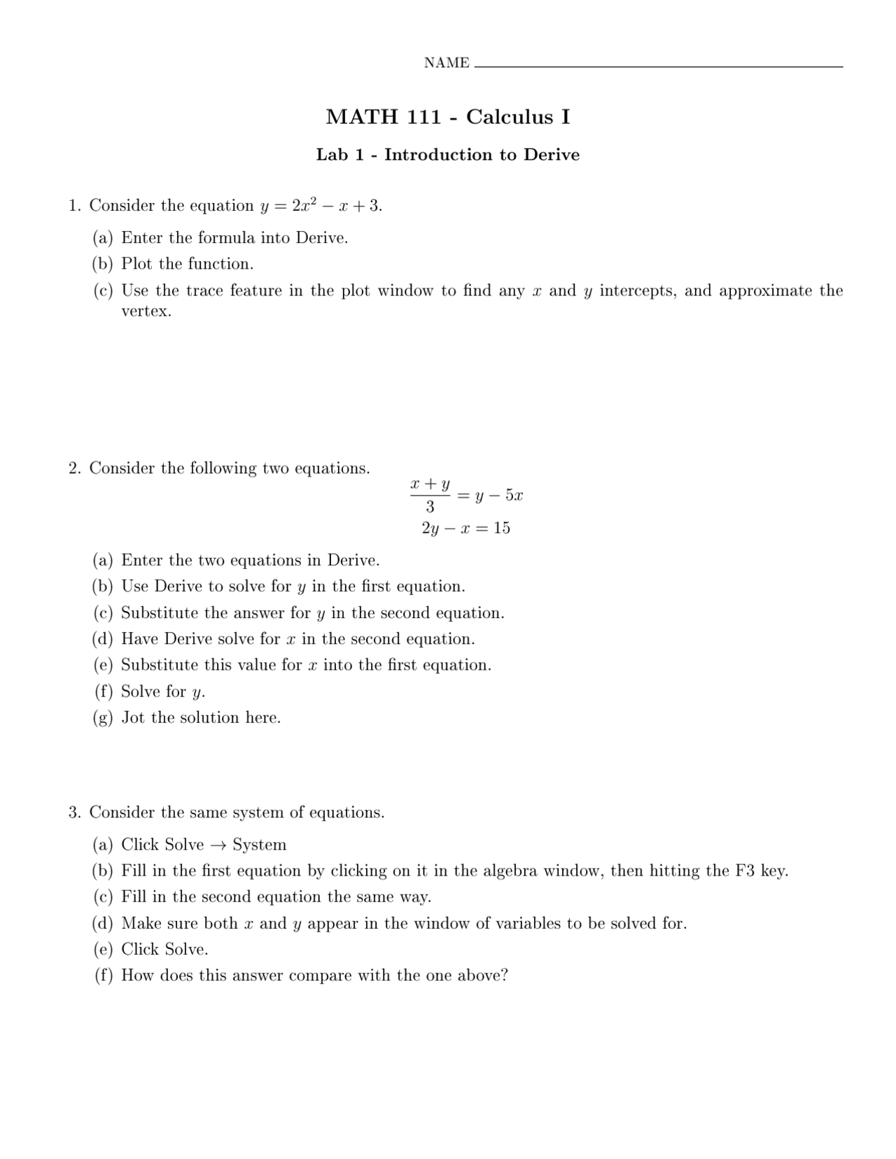 Lab Exercise 1 - Introduction to Derive | MATH 111 - Docsity