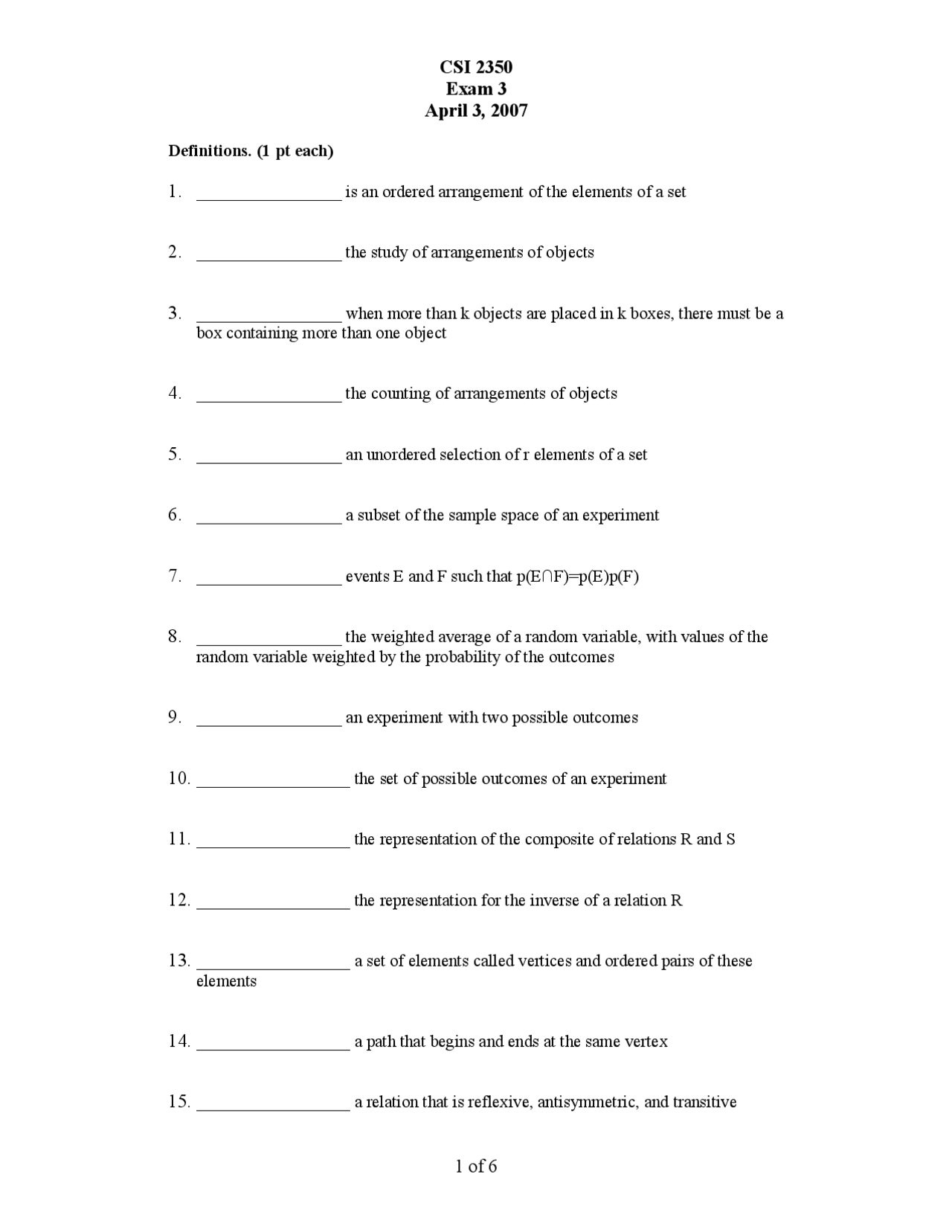 Examination 3 Discrete Structures Csi 2350 Docsity