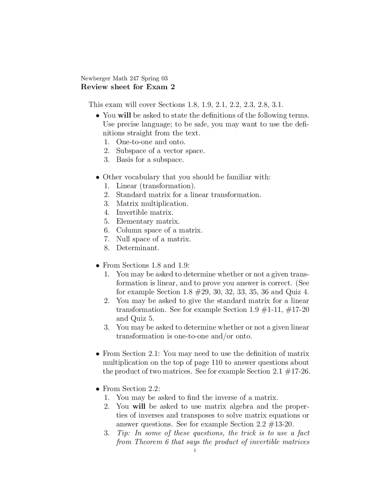 Review Sheet For Exam 2 Introduction Linear Algebra Math 247 Docsity