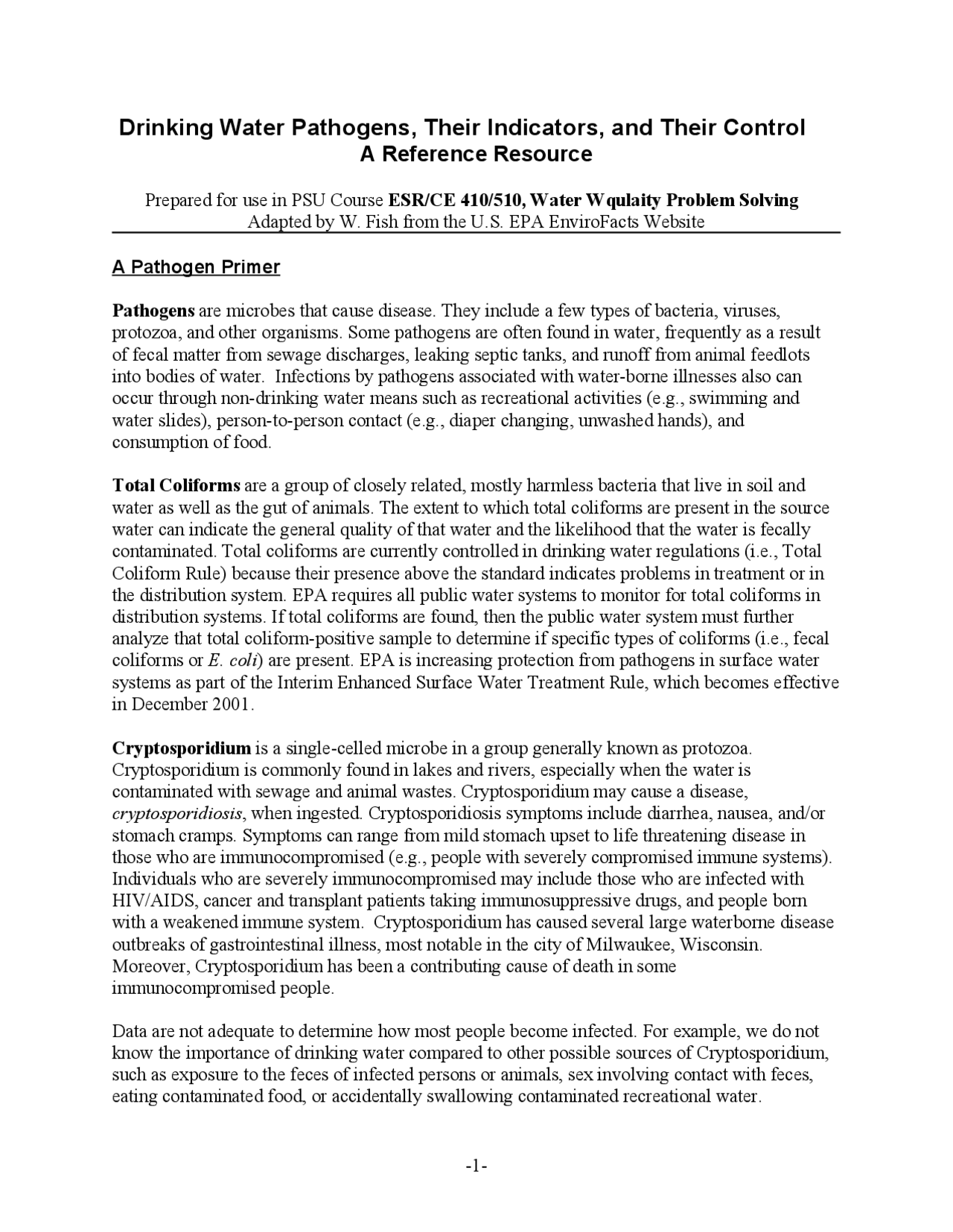 Drinking Water Pathogens, their Indicators and their Control | CE 410 ...