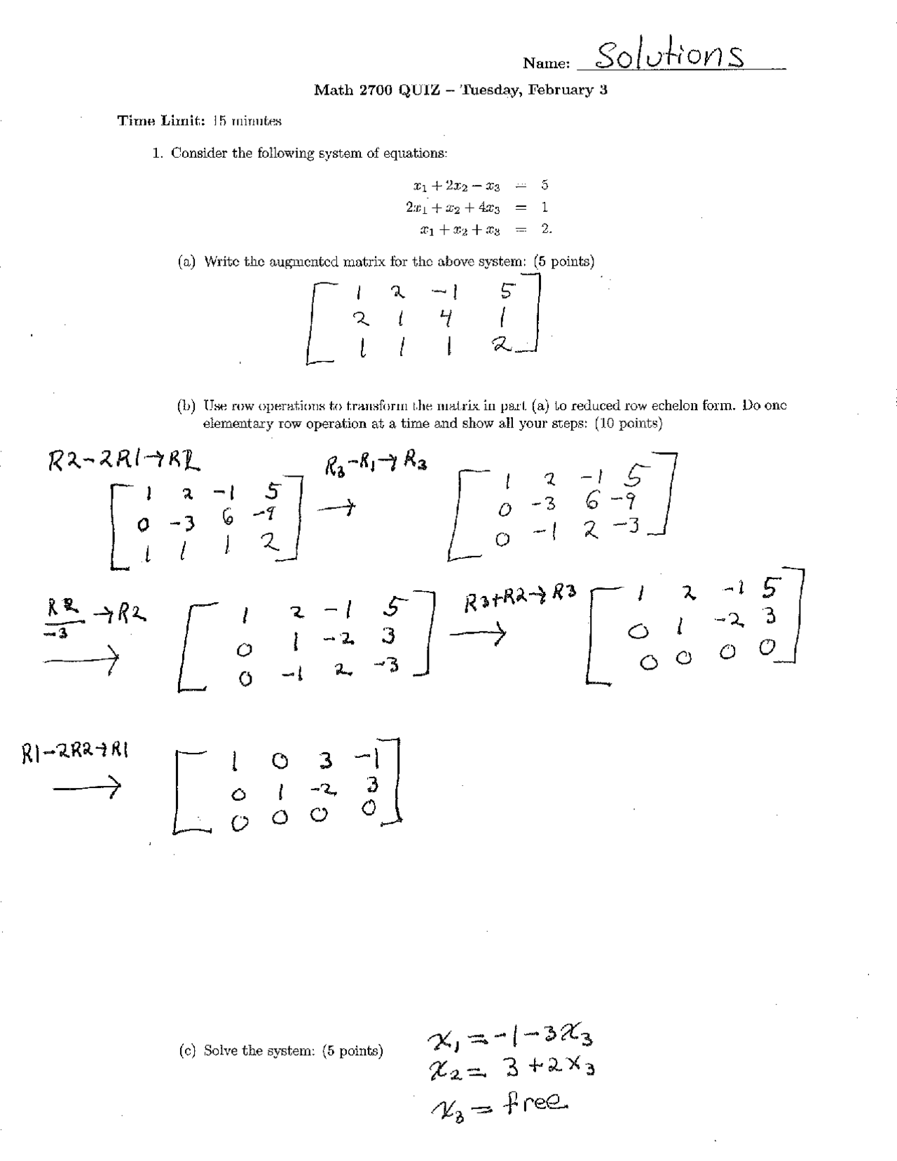 Quiz With Solution Linear Algebra And Vector Geometry Math 2700