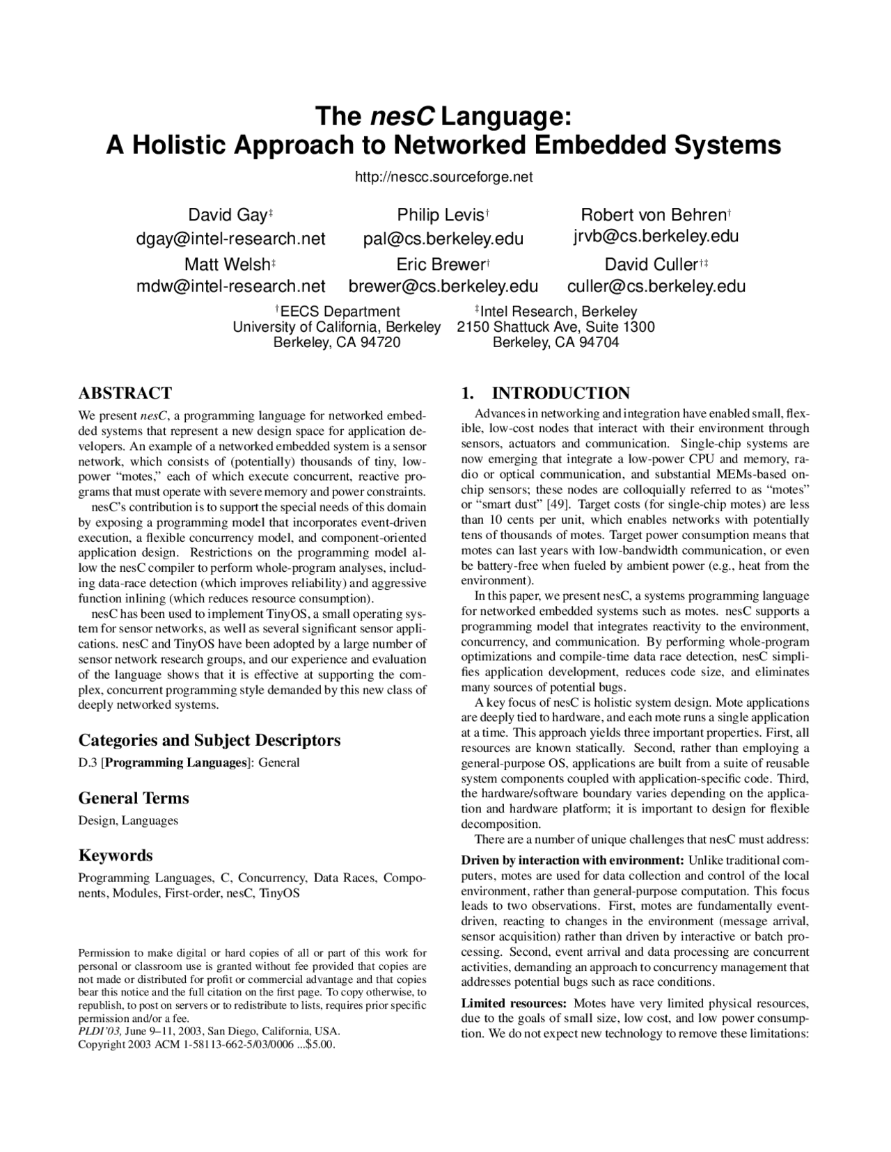 The Nesc Language A Holistic Approach To Networked Embedded Systems Cmpsci 691 Docsity