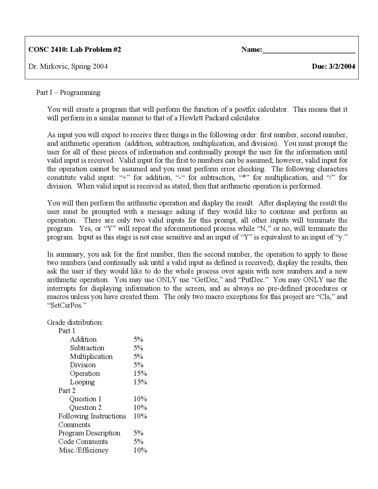 Computer Organization And Programming Lab Problem 2 Cosc 2410 Docsity