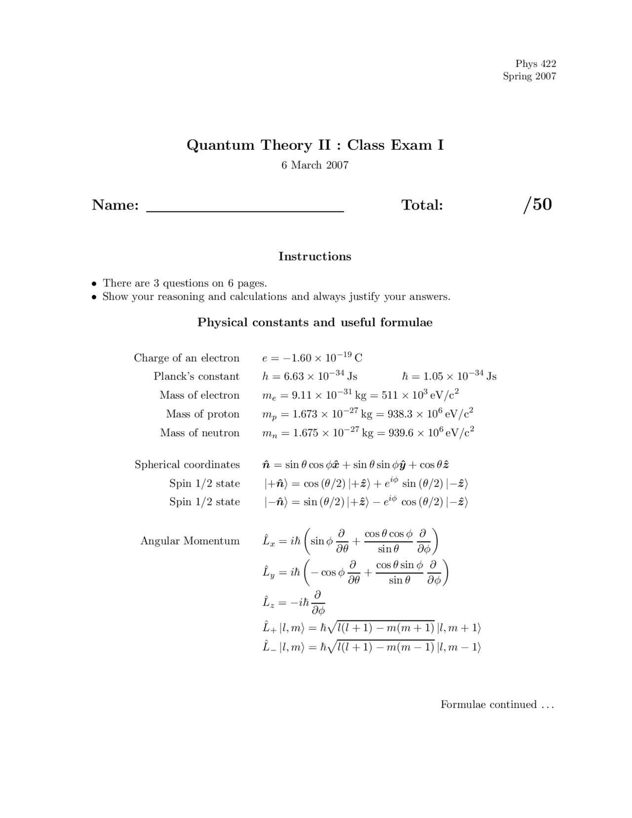 Quantum Theory Ii Midterm Exam 1 Questions Phys 422 Docsity