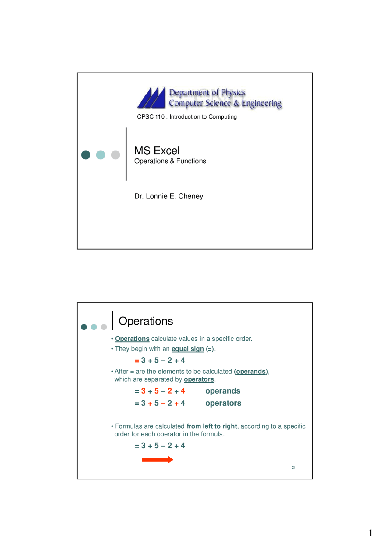 Ms Excel Operations And Functions Introduction To Computing Cpsc 110 Docsity