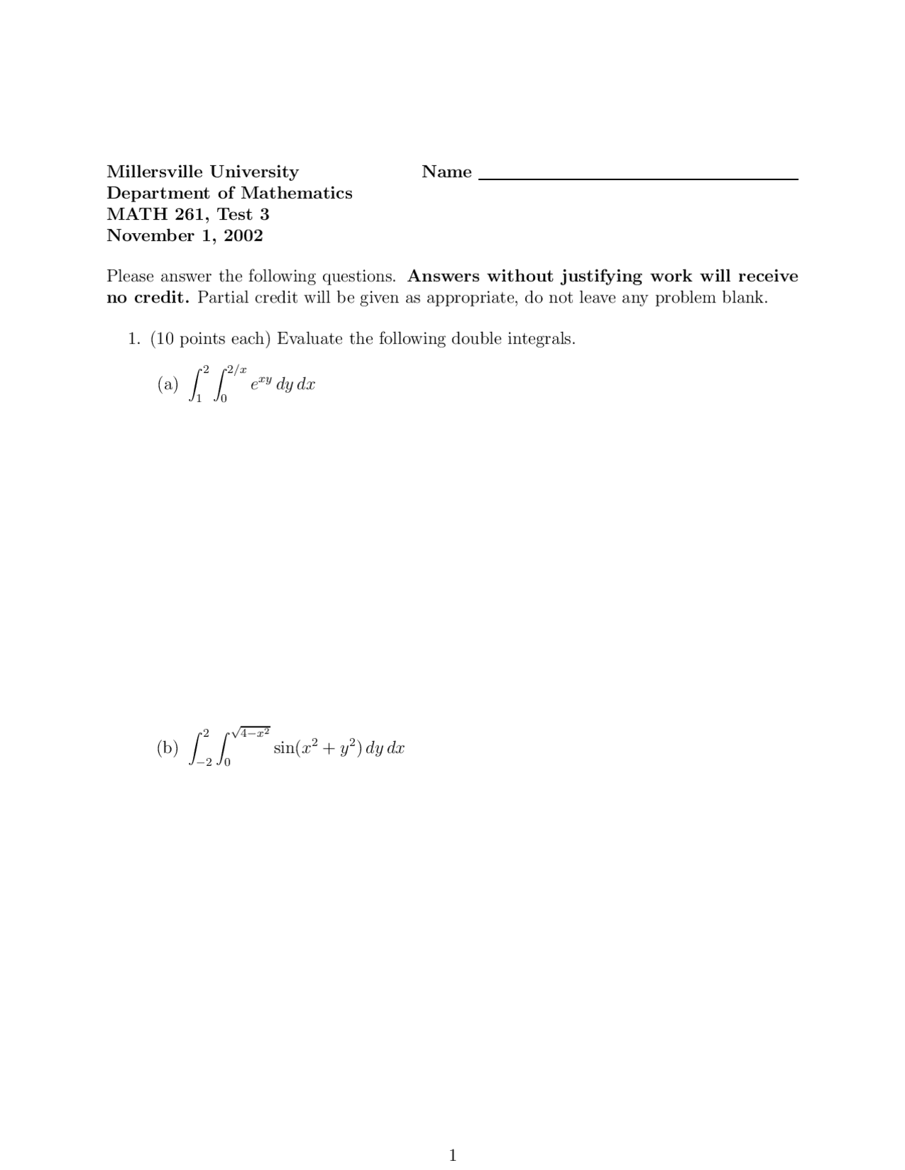 Test I Questions For Calculus Iii Fall 2002 Math 311 Docsity