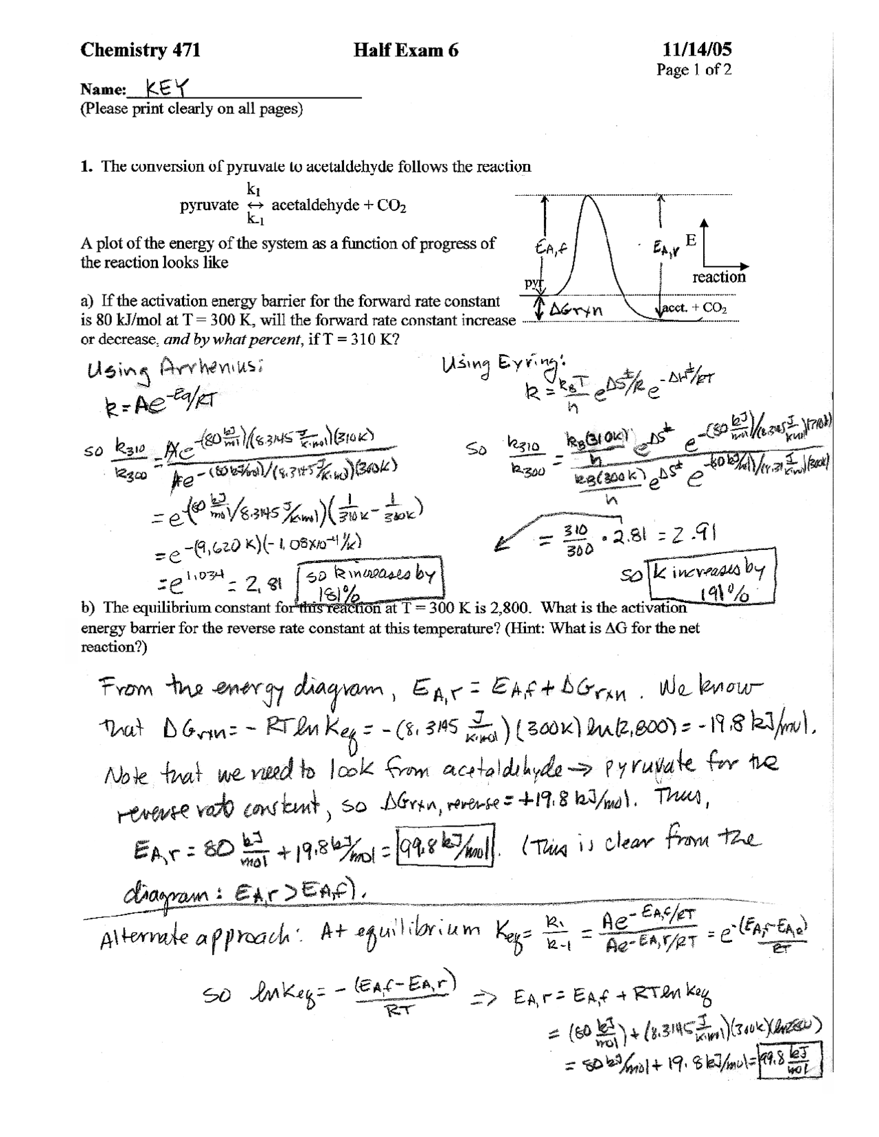 Solutions For Exam Six Elementary Physical Chemistry Chem 471 Docsity