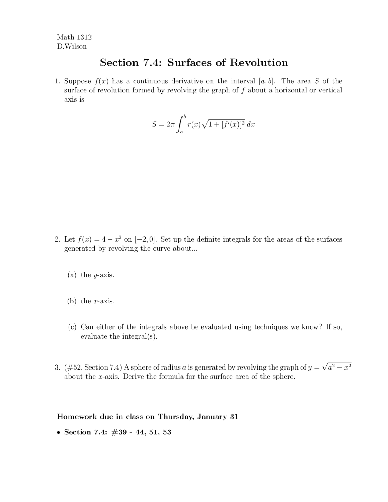 Assignment For Surfaces Of Revolution Calculus Ii Math 1312 Docsity