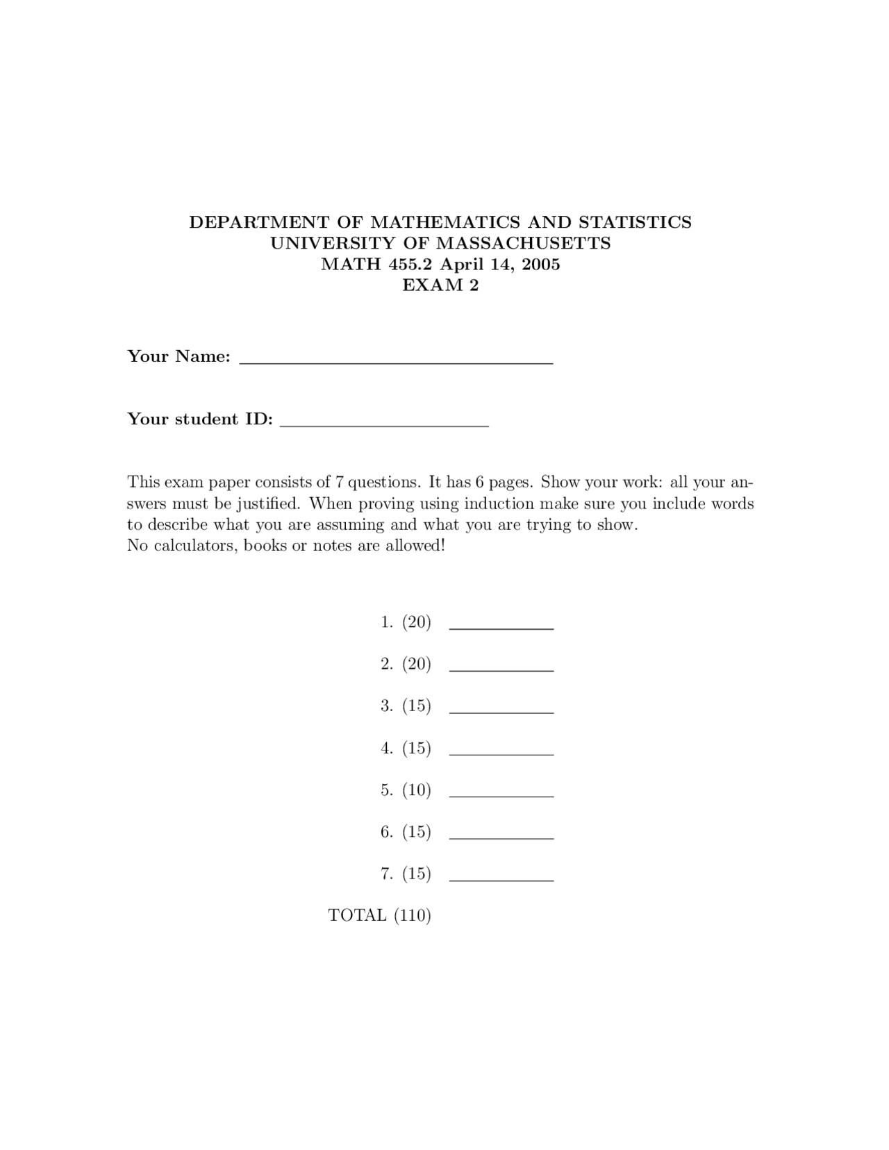 Exam 2 - Introduction to Discrete Structures - Spring 2005 | MATH 455 - Docsity