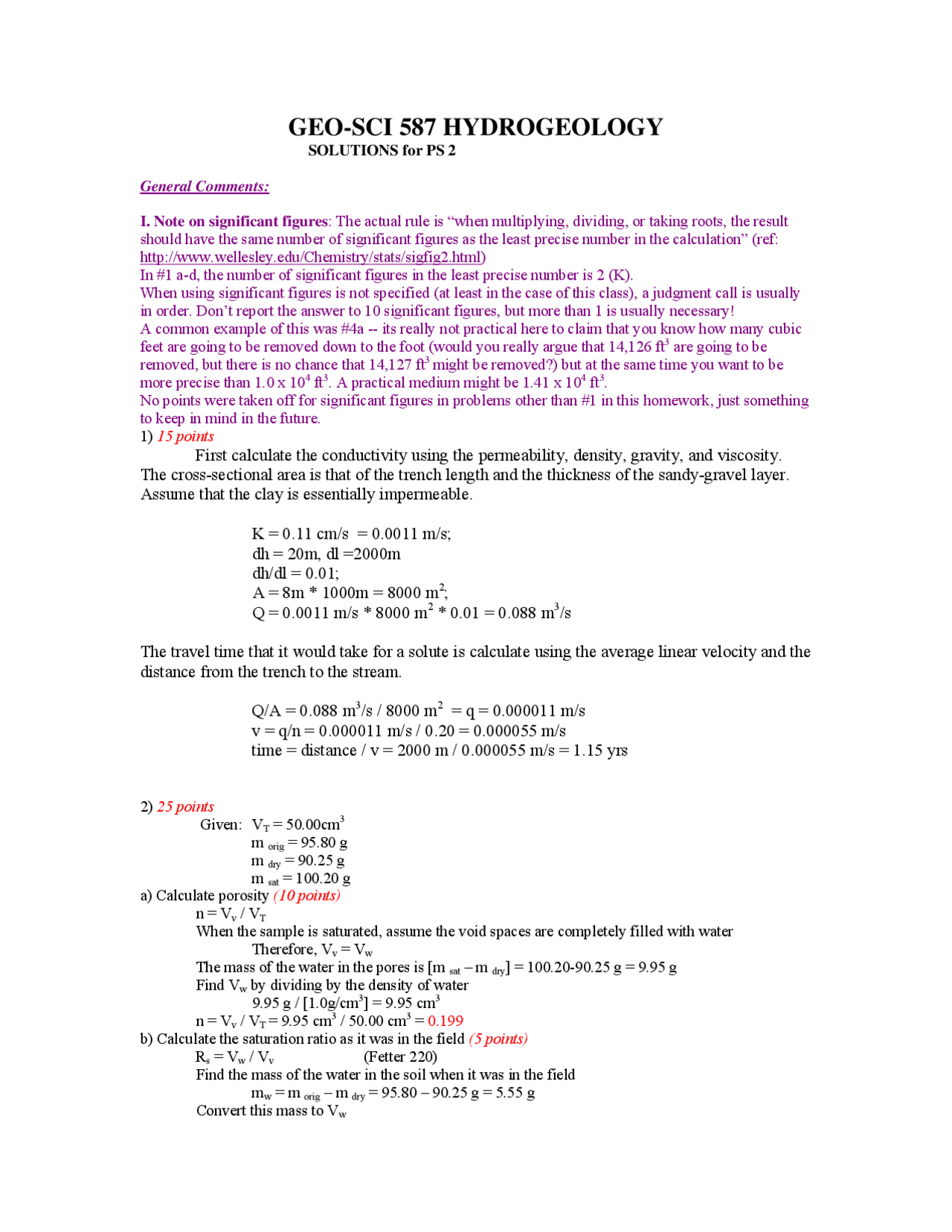 Solutions For Problem Set 2 Hydrogeology Geo Docsity