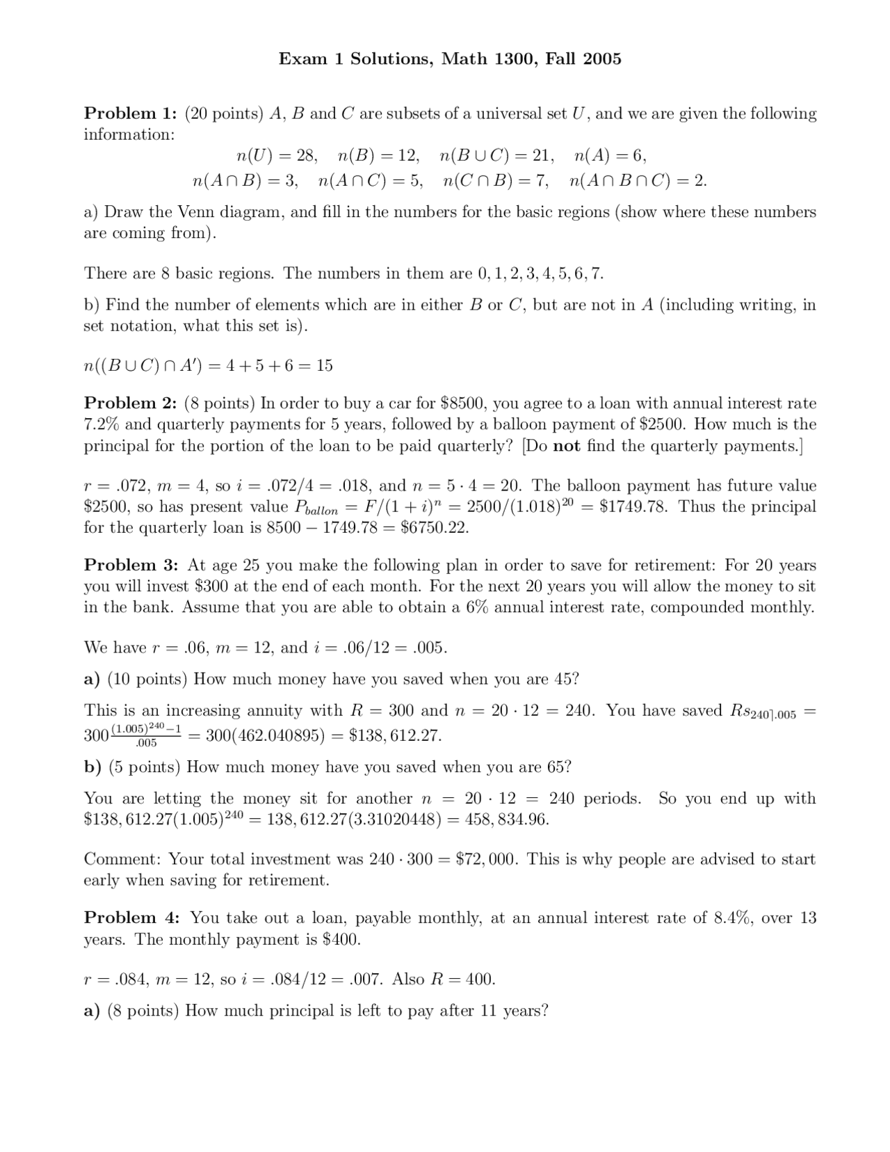 Solution to Exam 1 - Finite Mathematics | MATH 1300 - Docsity