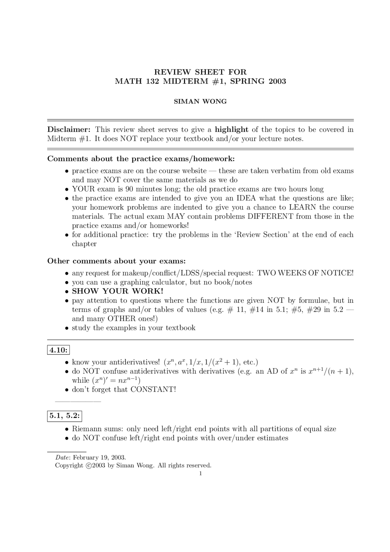 Midterm Exam #1 Review Sheet - Calculus II | MATH 132 | Exams Calculus | Docsity