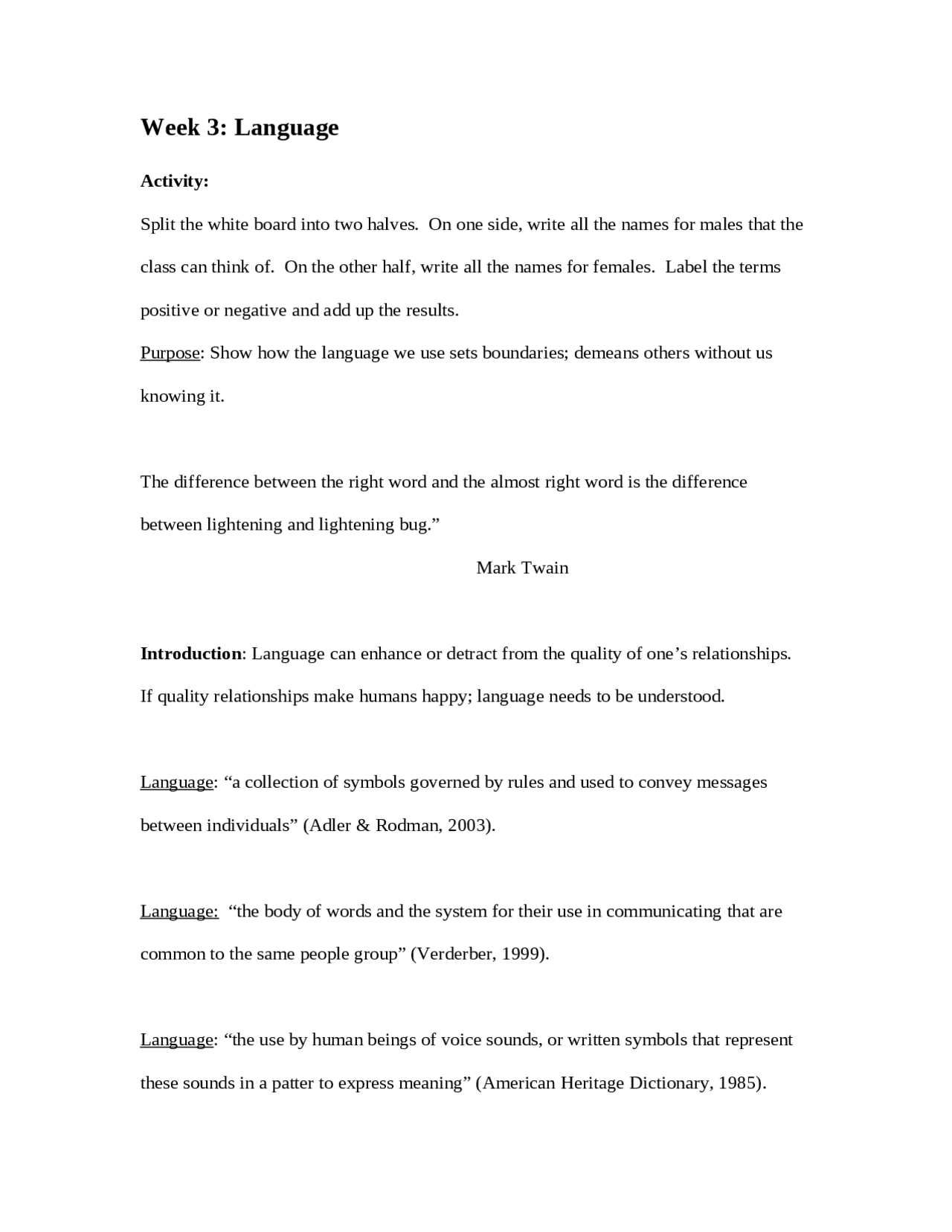 Notes On Language Introduction To Human Communication Hcom 100