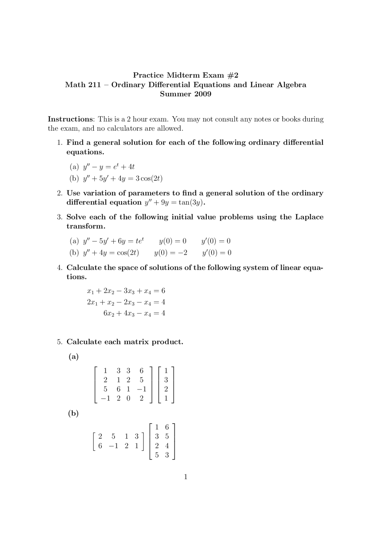 Practice Midterm Exam 2 - Differential Equations and Linear Algebra ...