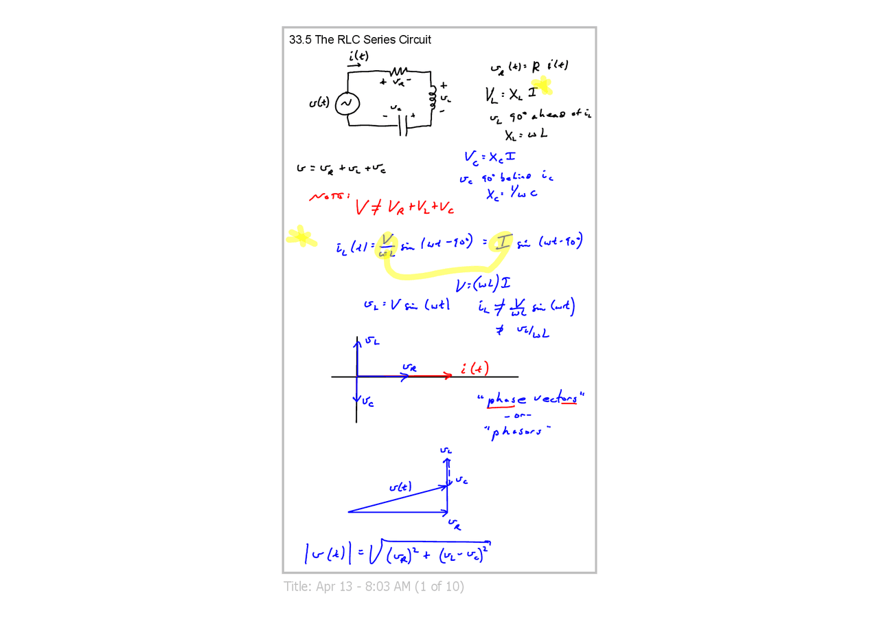 The Rlc Series Circuit Calculus Based Physics I Phys 2110 Docsity