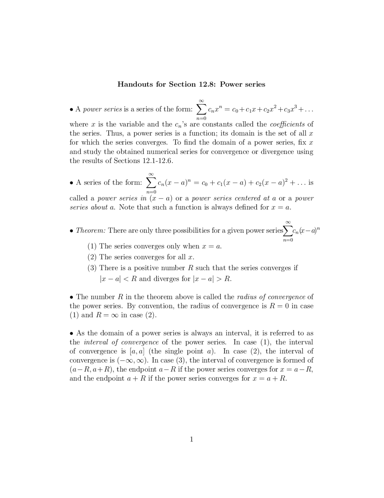 Handout For Power Series Calculus Ii Math 1700 Docsity