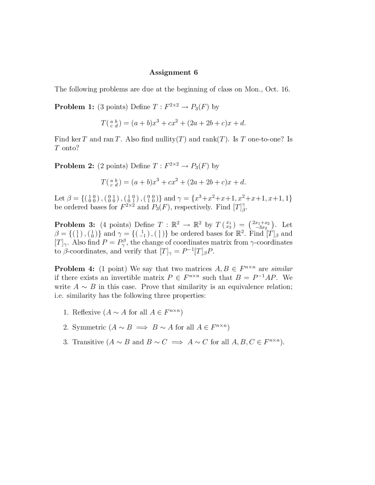 Problem Set 6 - Advanced Linear Algebra I | MATH 4377 - Docsity