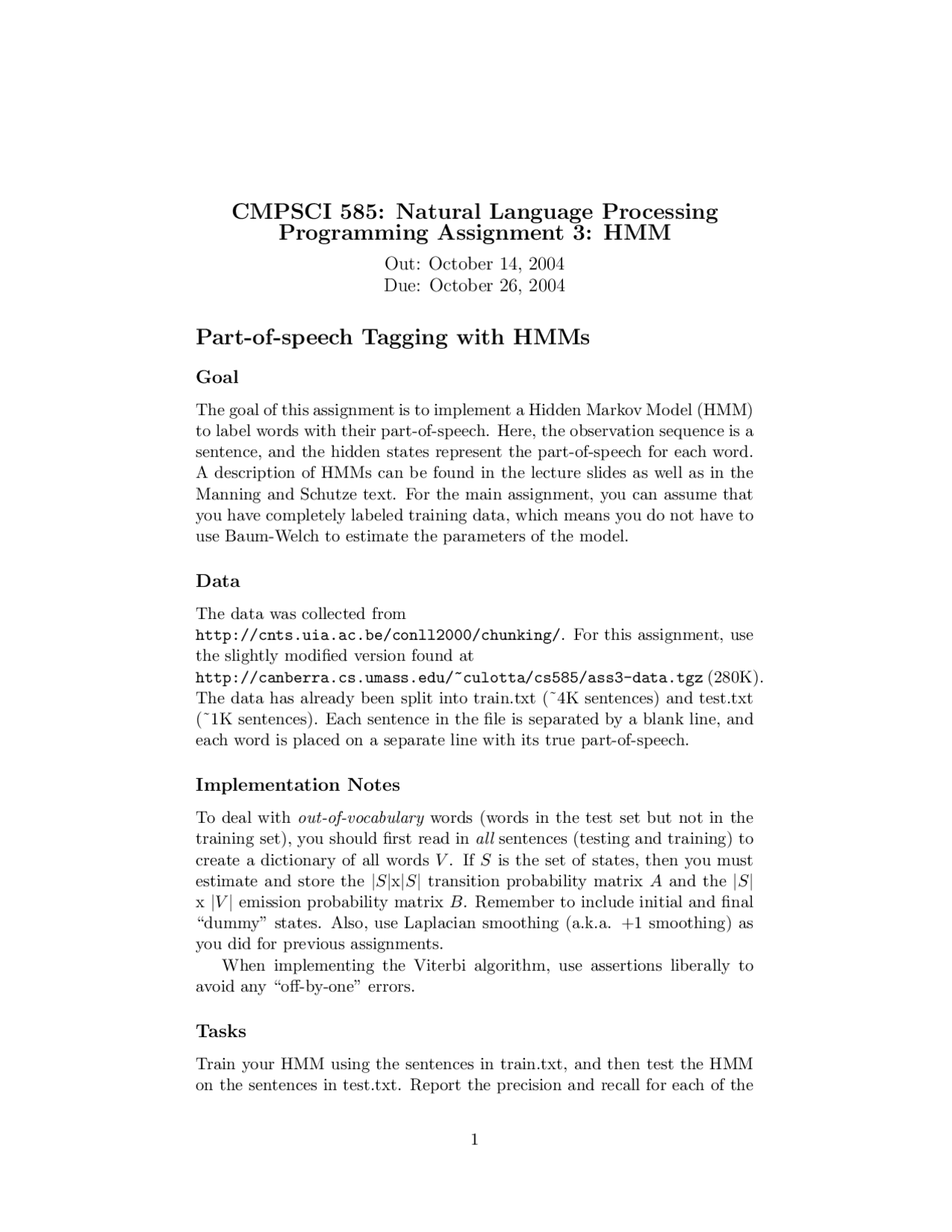 Programming Assignment 3 Natural Language Processing Cmpsci 585 Docsity