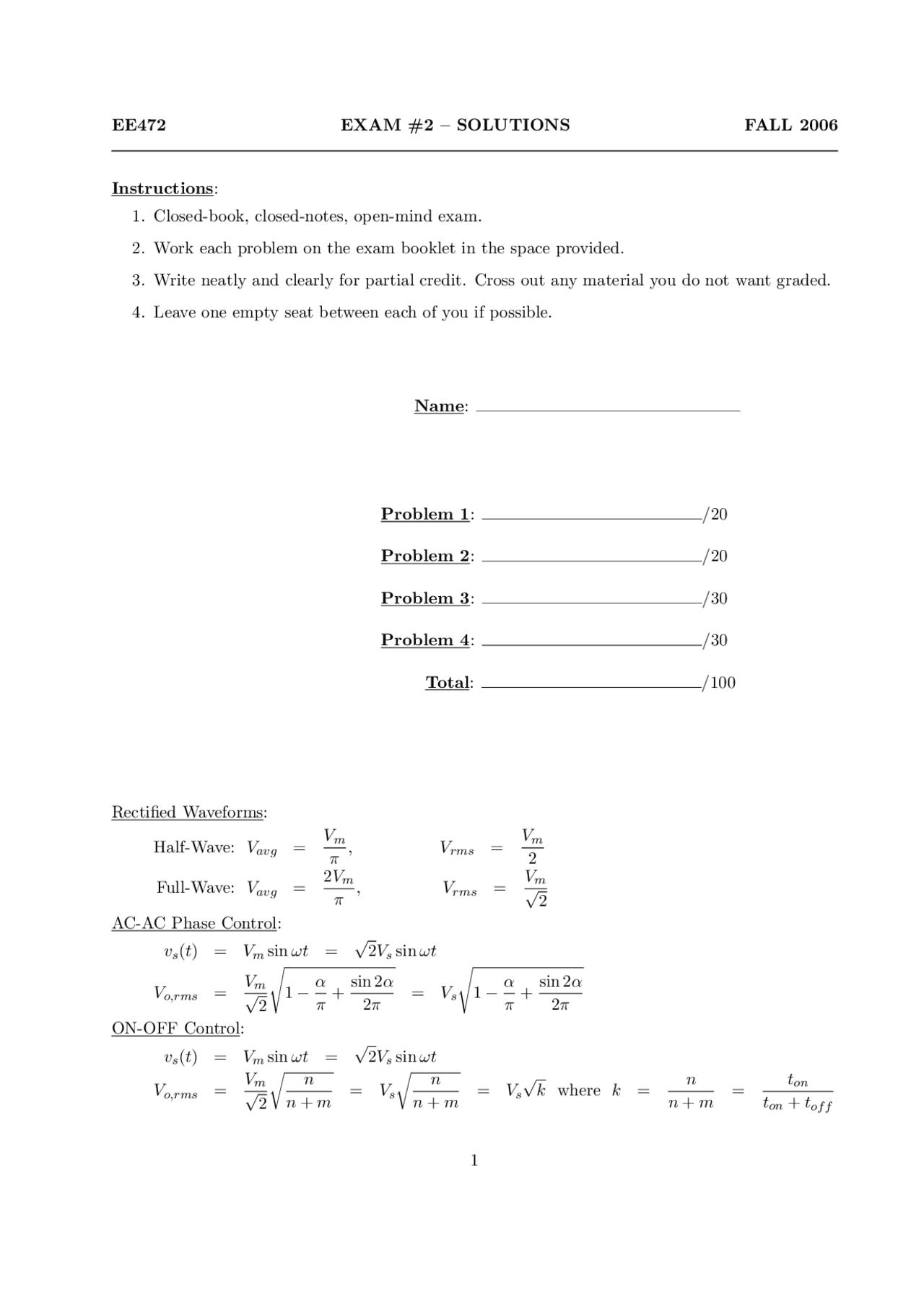 Exam 2 Solutions Fall 2006 Power Electronics Ece 472 Docsity