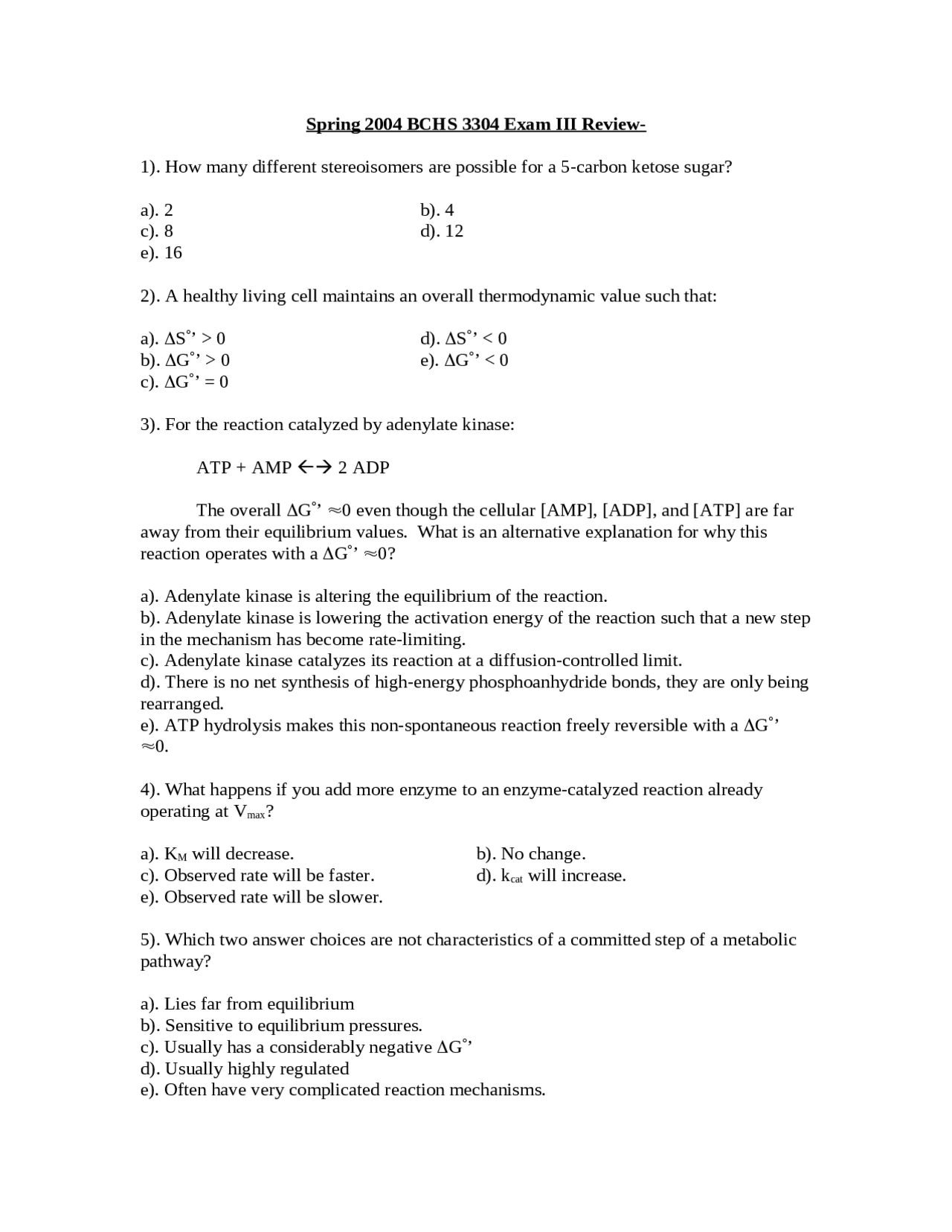 Test Iii Review General Biochemistry I Bchs 3304 Docsity