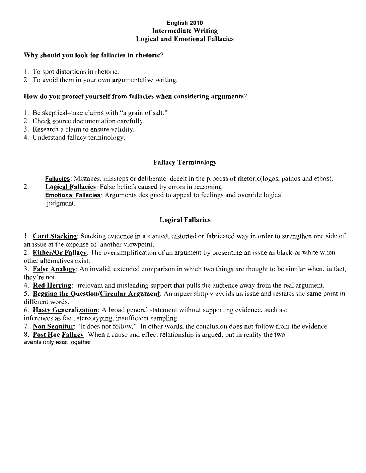 Logical And Emotional Fallacies Intermediate Writing Engl 2010