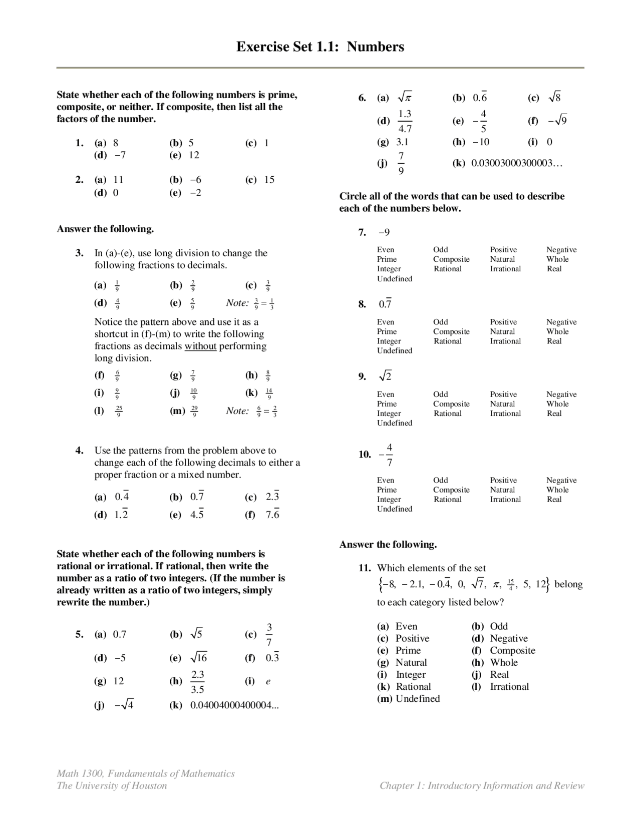 Exercise Set 1.1: Numbers - Fundamentals of Mathematics | MATH 1300 ...