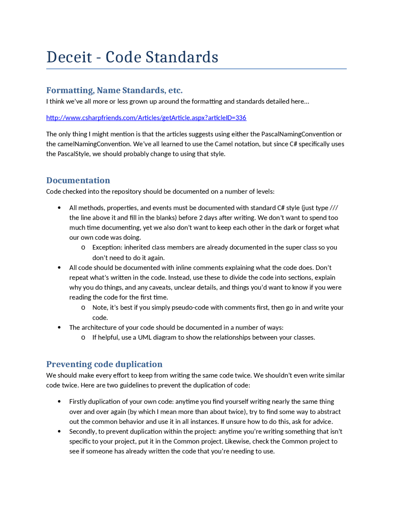 Deceit – Code Standards - Software Engineering Methodology | COMP 410 ...