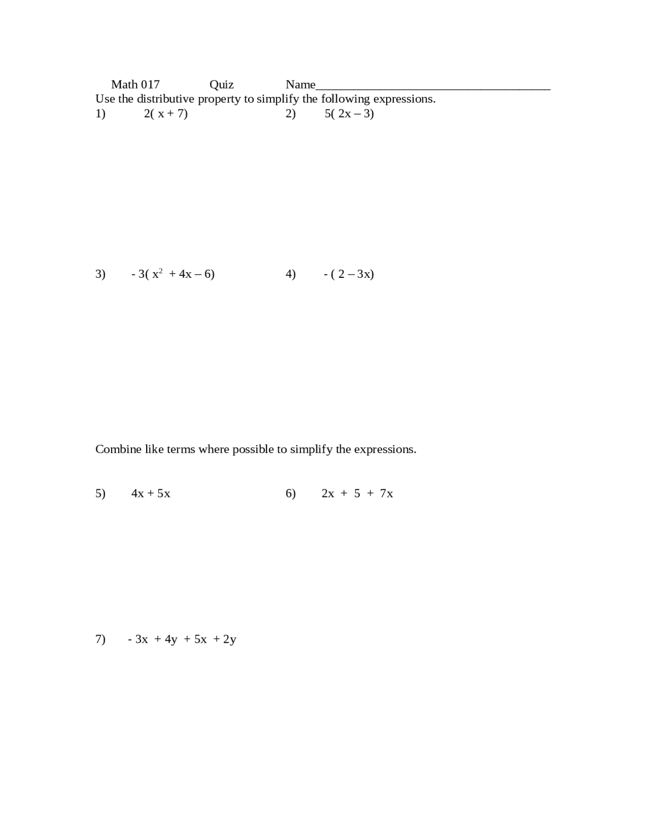 7 Questions For Class Quiz Elementary Algebra Math 017 Docsity