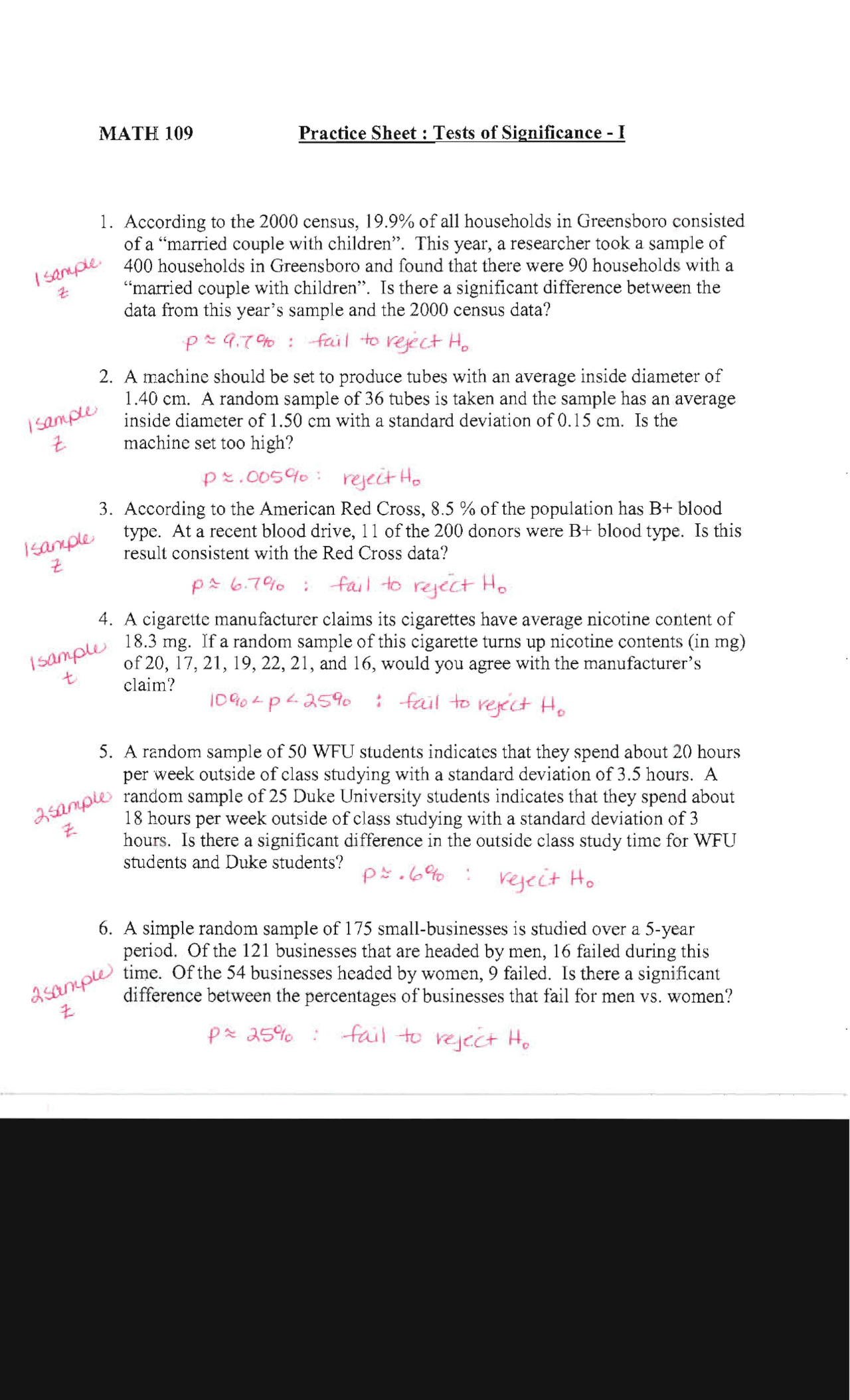 Practice Sheet: Test of Significance - Elementary Probability | MTH 109 ...