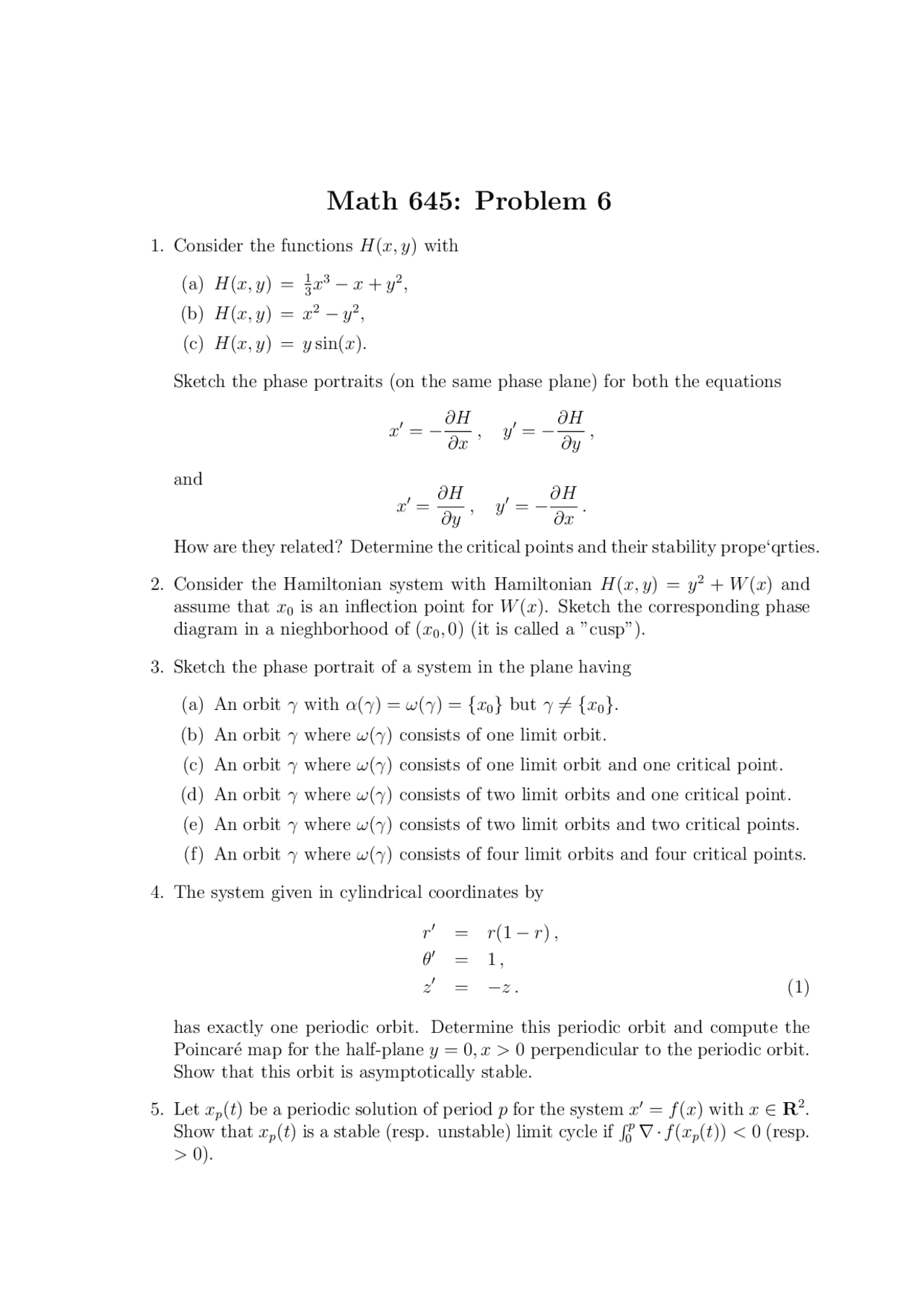 Problem Set 6 Odes And Dynamical Systems Math 645 Docsity