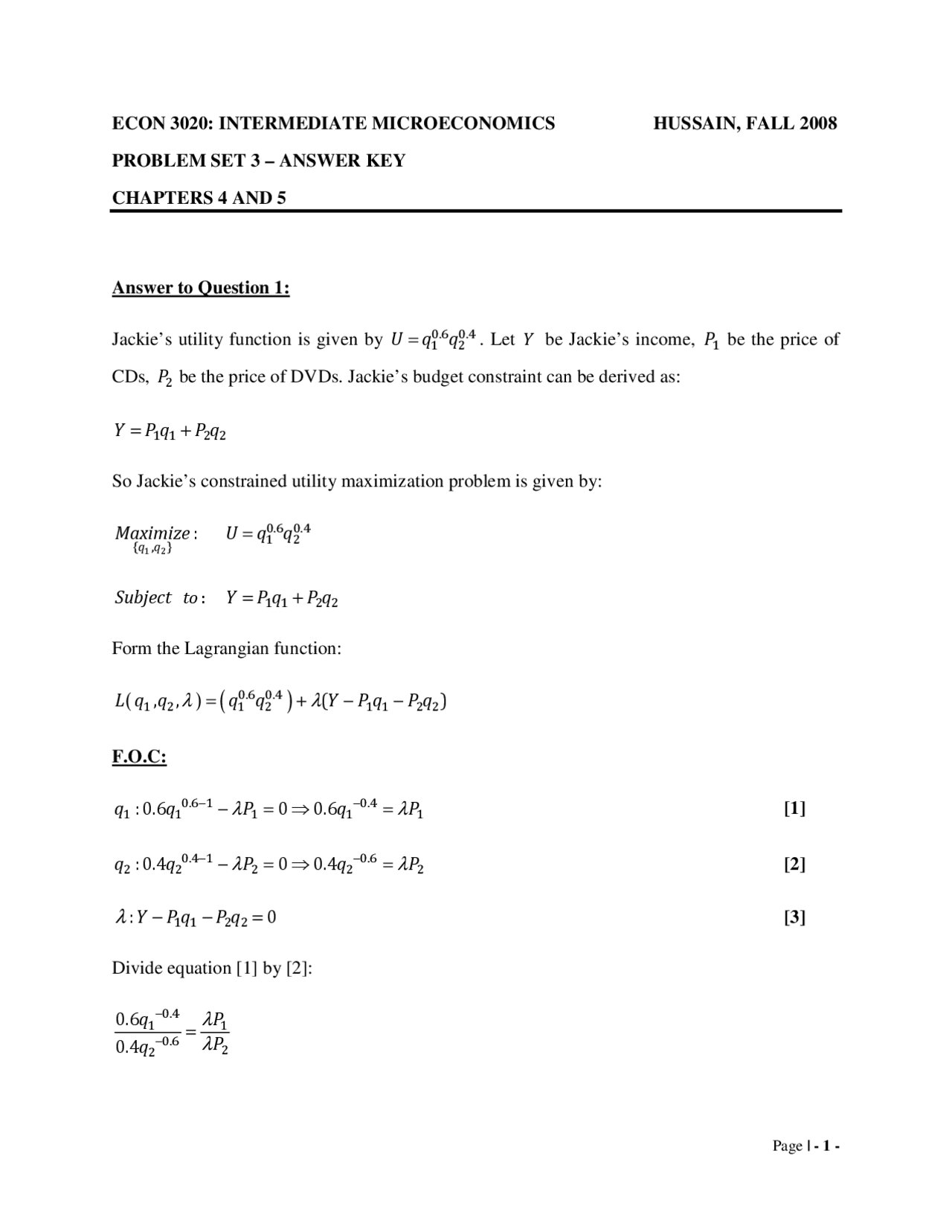 Problem Set 3 Solutions Intermediate Microeconomics Econ 3020 Docsity