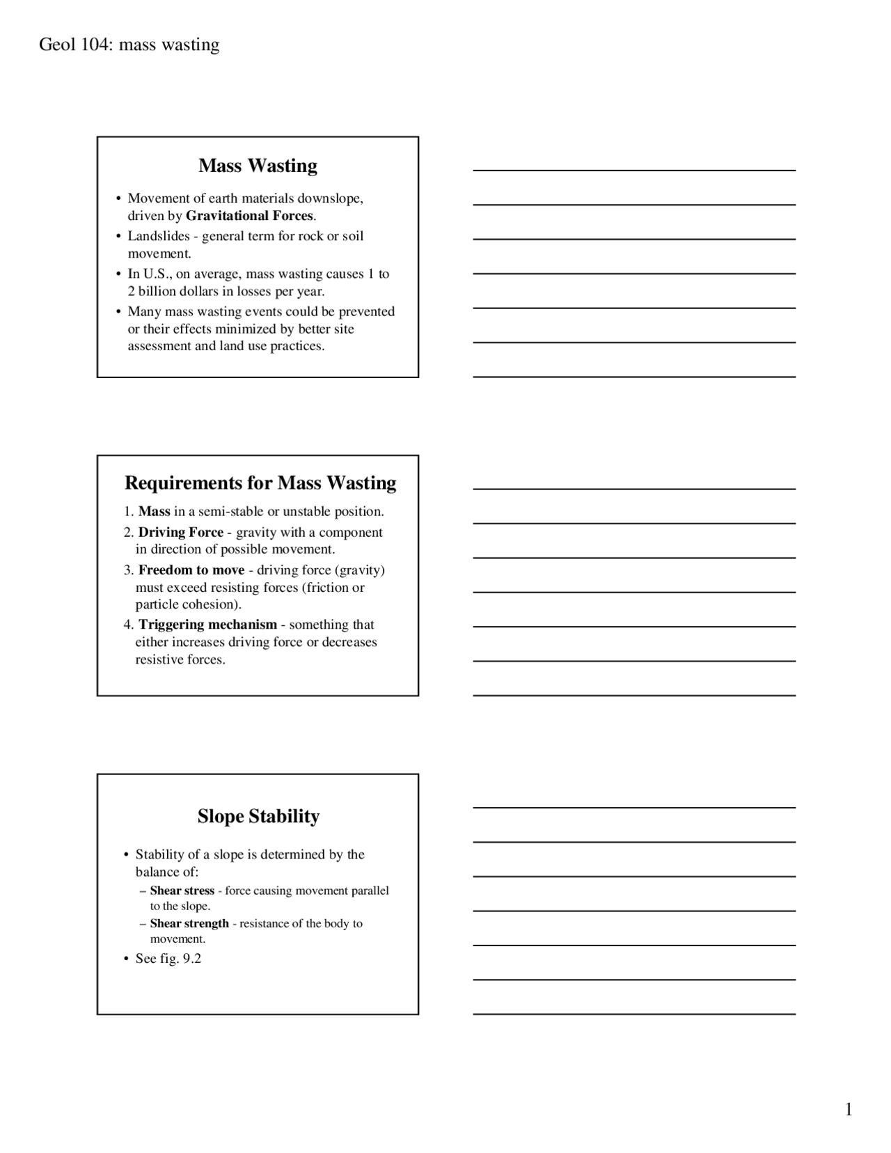 Lecture Slides On Mass Wasting Of Earth Environments Exams Geol 104