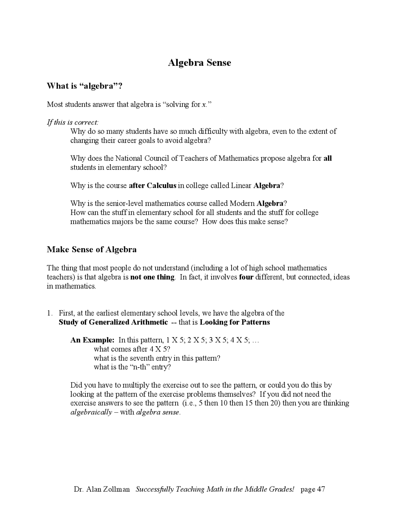 Algebra Sense - Methods of Instruction in The Mathematics Curriculum | MATH 402 - Docsity