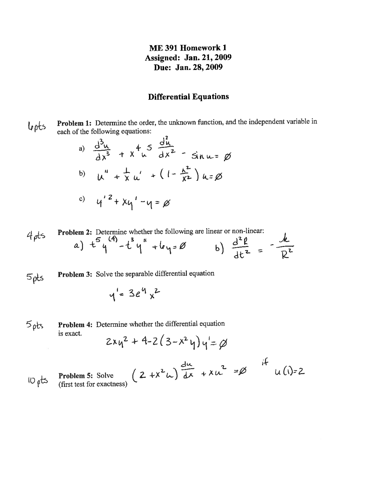Homework 1 Solved Problems On Differential Equations Me 391 Docsity