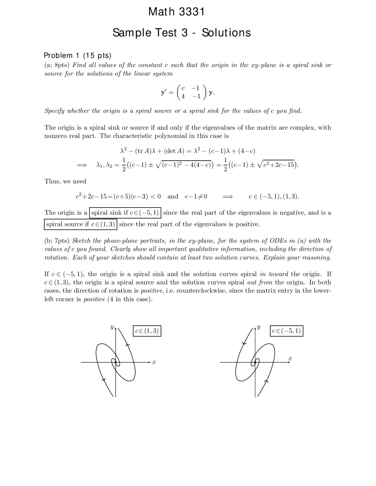 Sample Test 3 Solutions Ordinary Differential Equations Math 3331 Docsity 