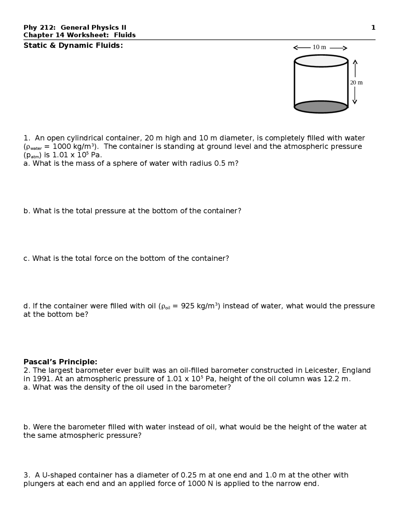 Worksheet On Fluids On General Physics Calculus Phy 212 Docsity