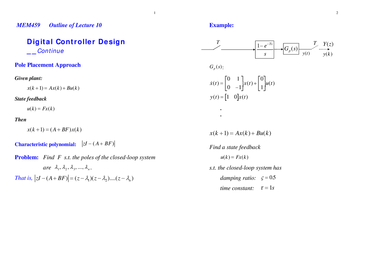 Solved Problems On Digital Controller Design Outline Mem 459 Docsity