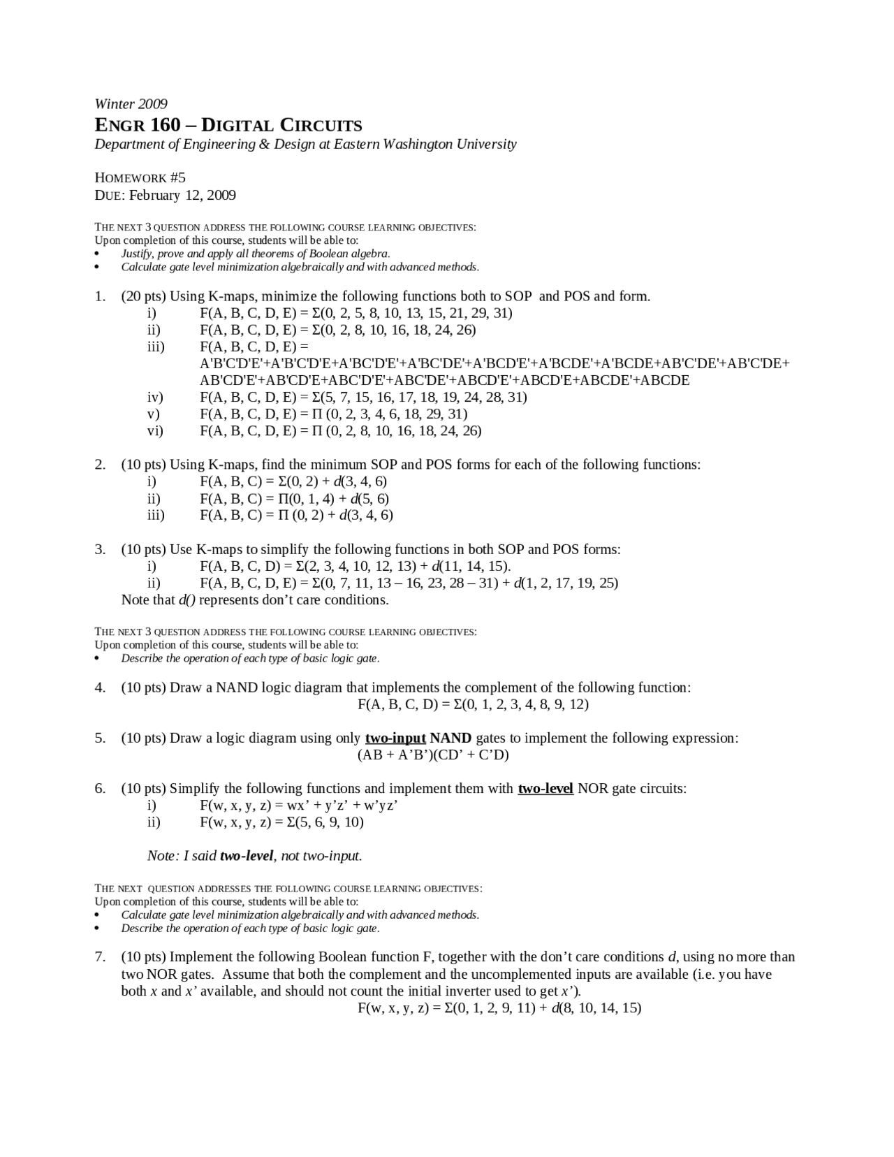 7 Practice Problems On Digital Circuits Homework 5 Engr 160 Docsity