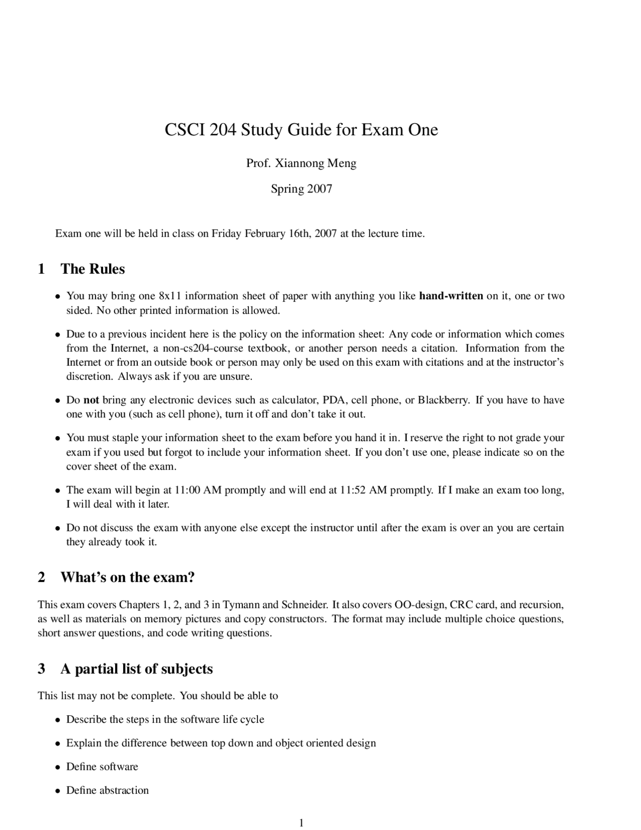 Study Guide for Exam 1 - Introduction to Computer Science II | CSCI 204 - Docsity
