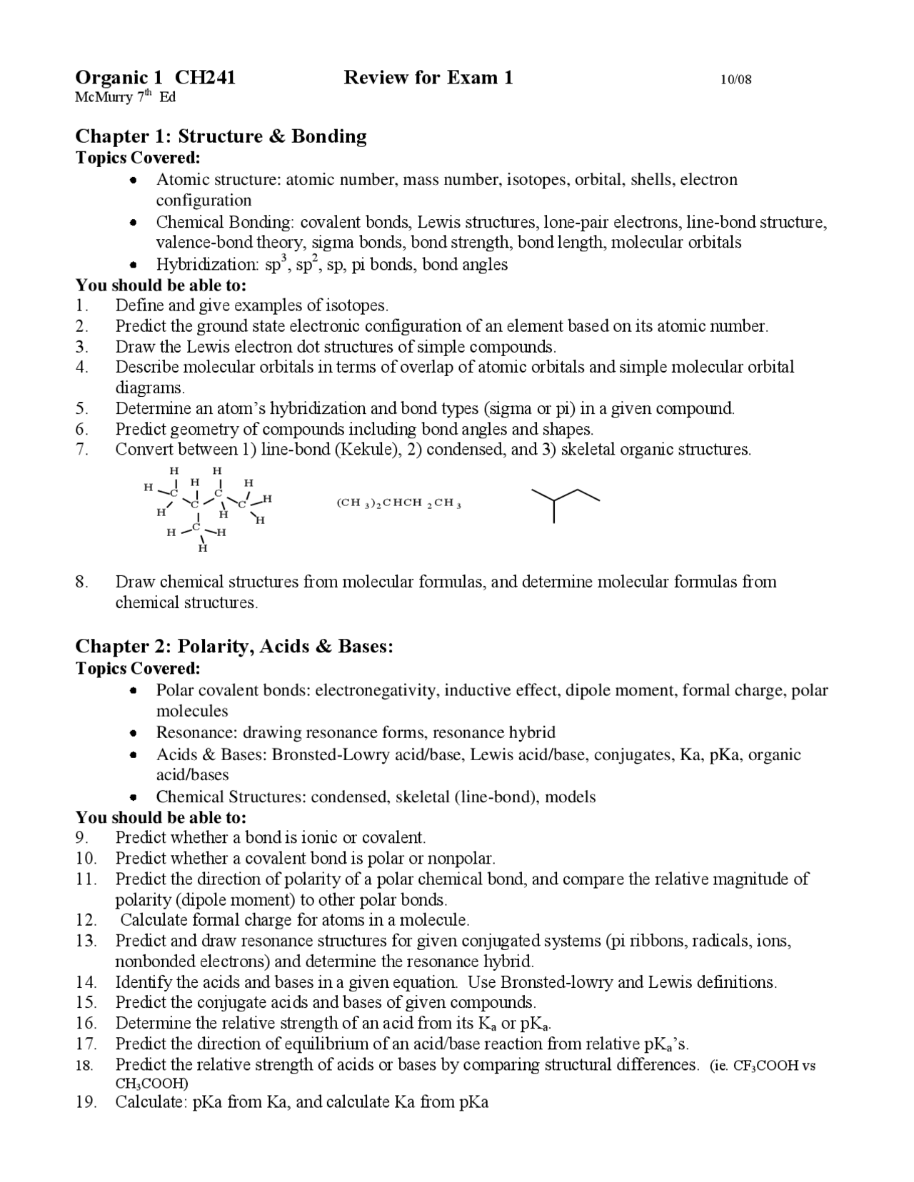 Structure and Bonding - Exam #1 Review - Organic Chemistry | CH 241 ...
