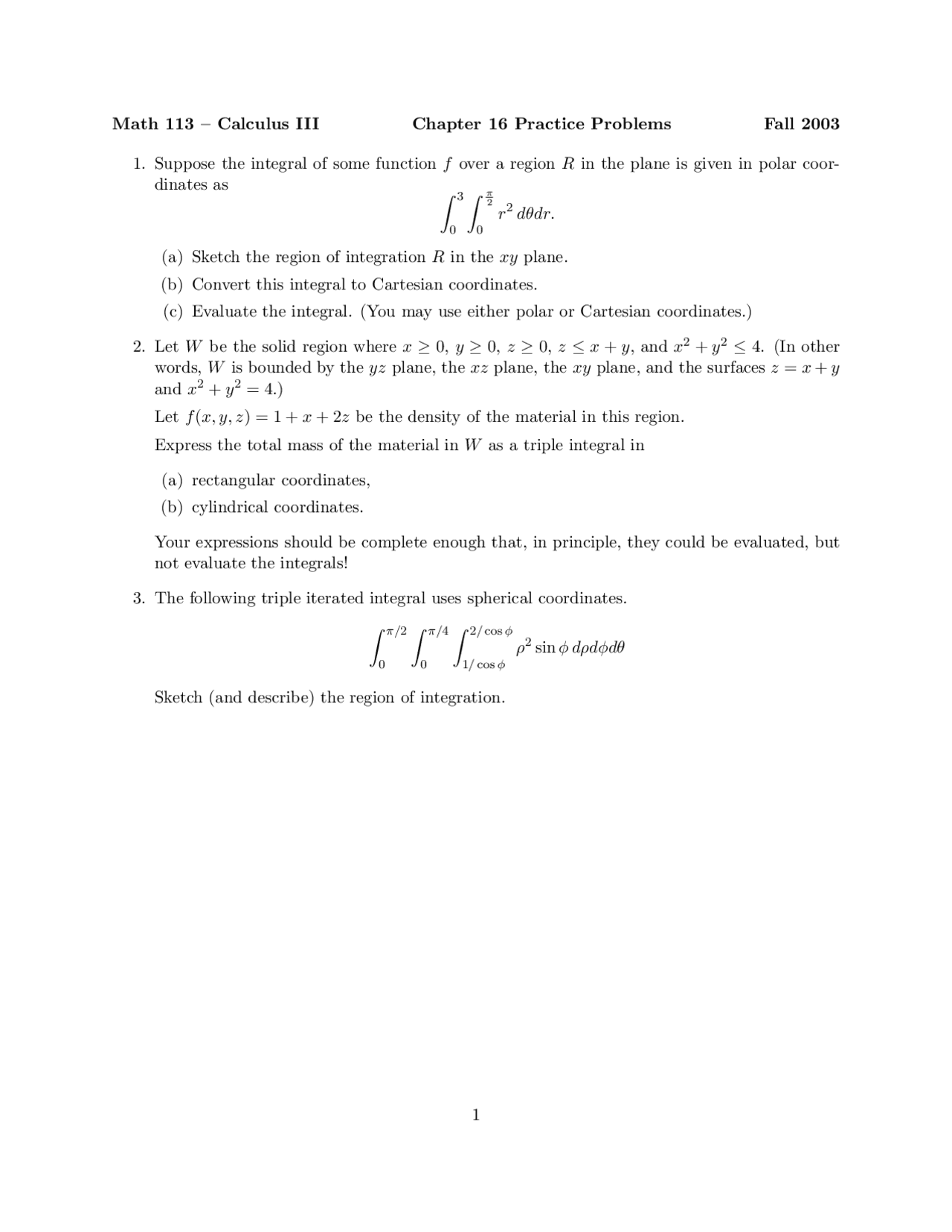 Practice Problems With Solutions Calculus Iii Math 113 Docsity