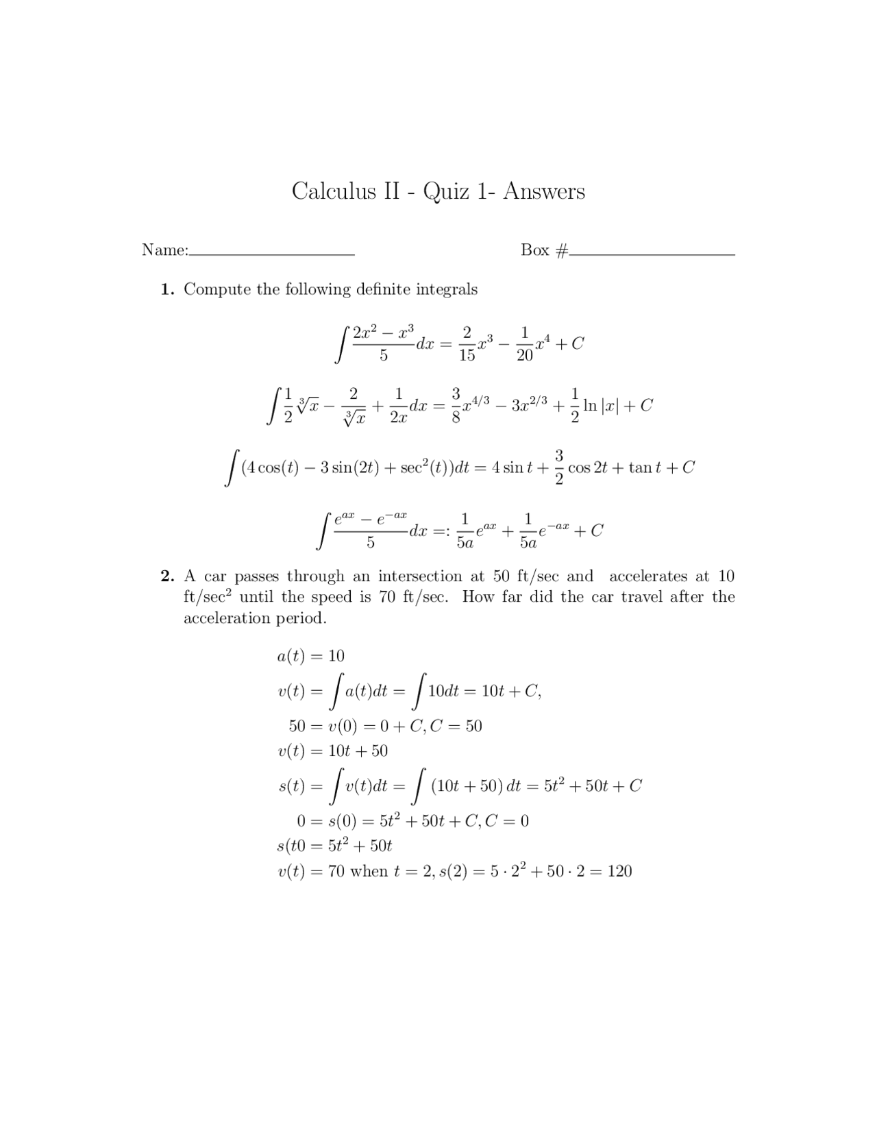 Resolution To Practice Quiz 1 Calculus Ii Ma 112 Docsity