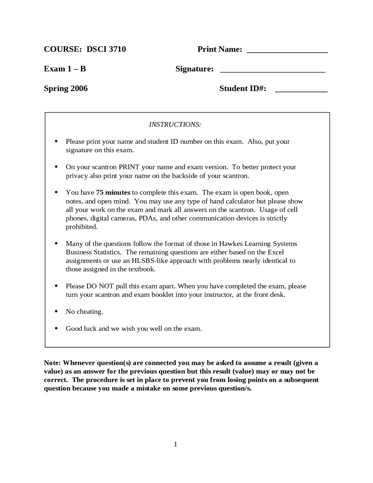 Test 1 Business Statistical Analysis Using Spreadsheets Dsci 3710
