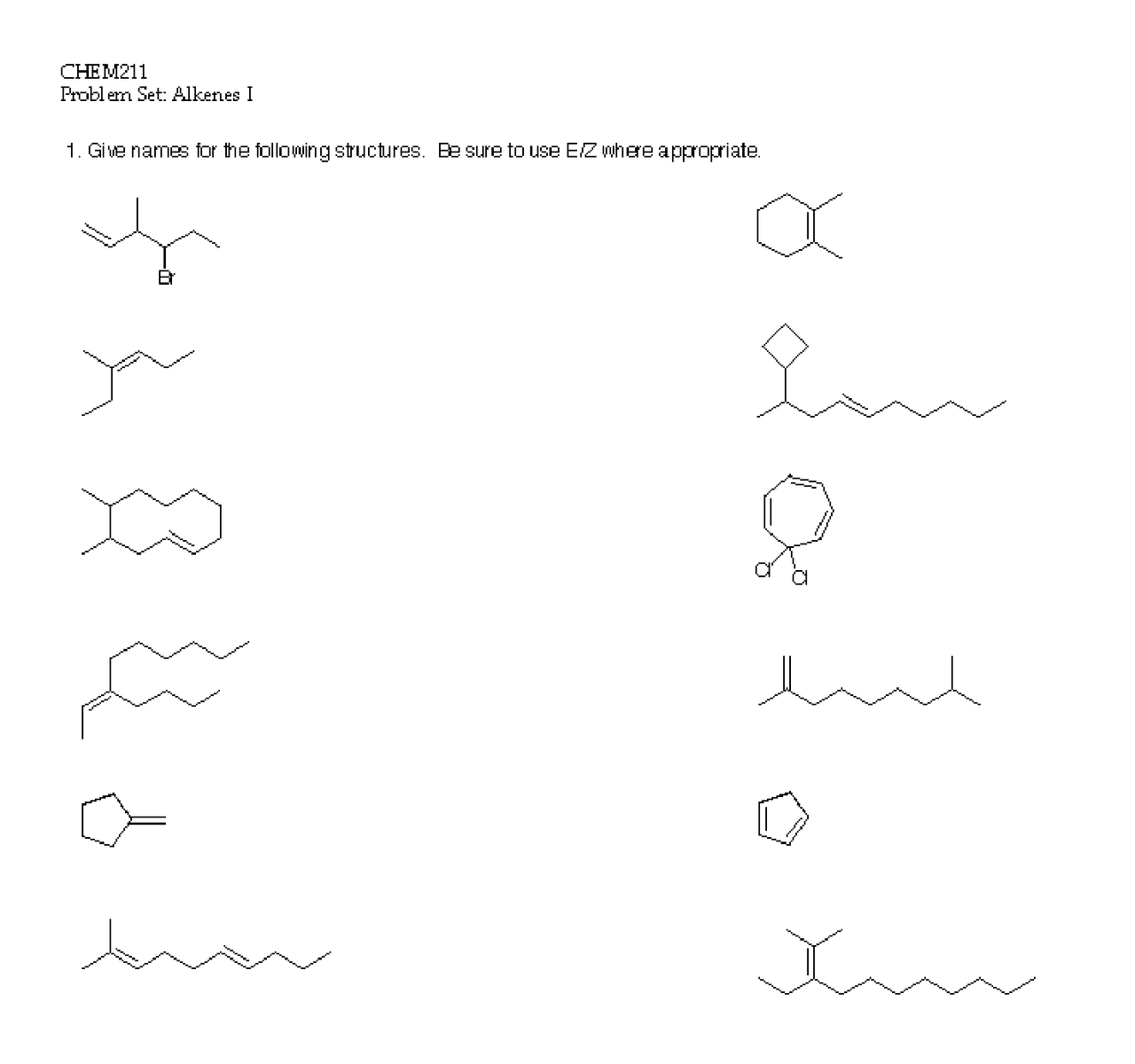 4 Problems On The Alkenes Assignment 1 Chem 211 Docsity