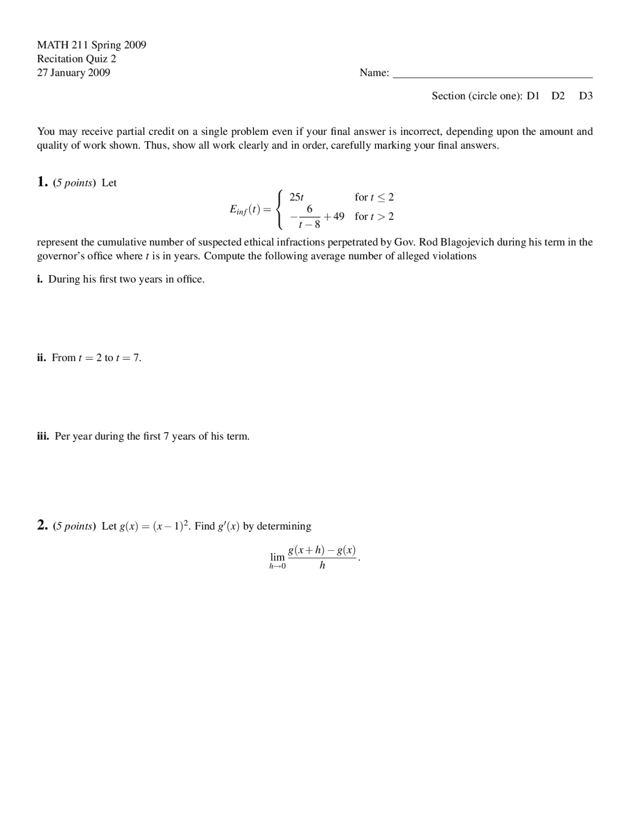 MATH 211 Spring 2009 Recitation Quiz 2 - Calculus and Function Analysis - Prof. Matthew Ca ...