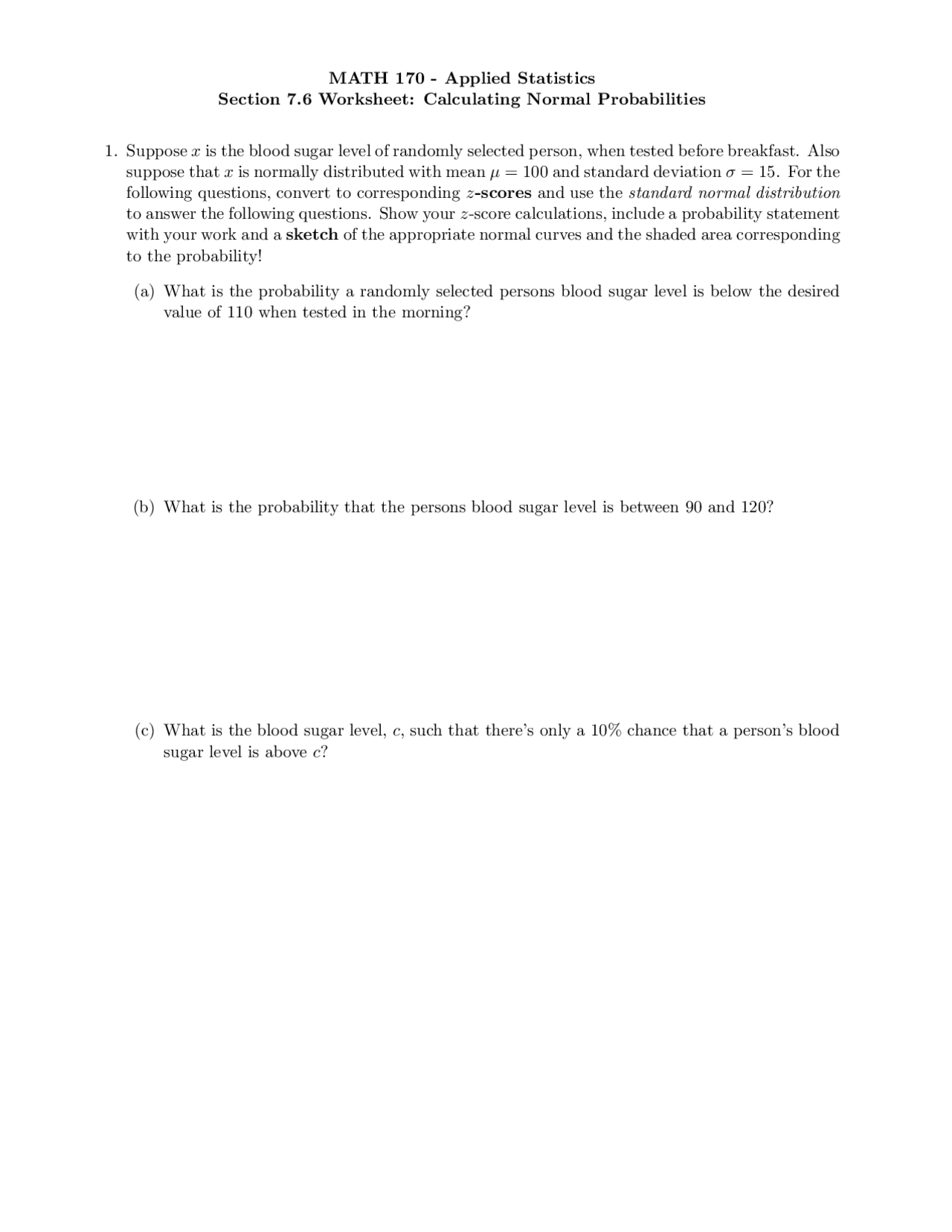 Worksheet: Calculating Normal Probabilities | MATH 170 - Docsity